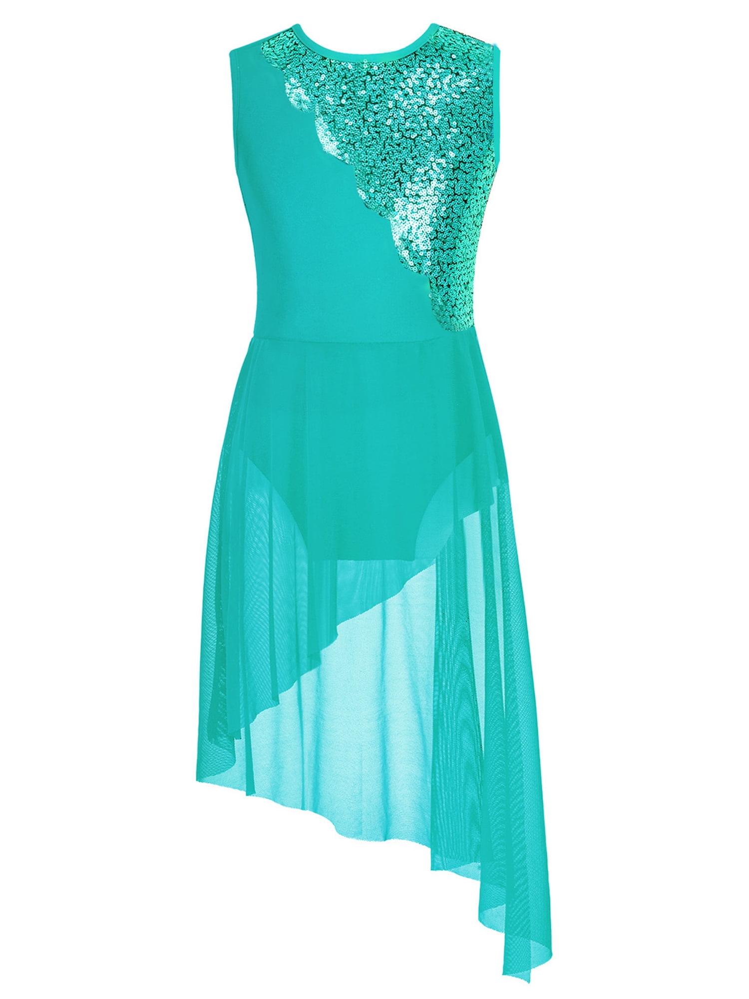 YEAHDOR Girls Irregular Hem Modern Lyrical Dance Dress Glittery Sequins Cutout Back Leotard ...
