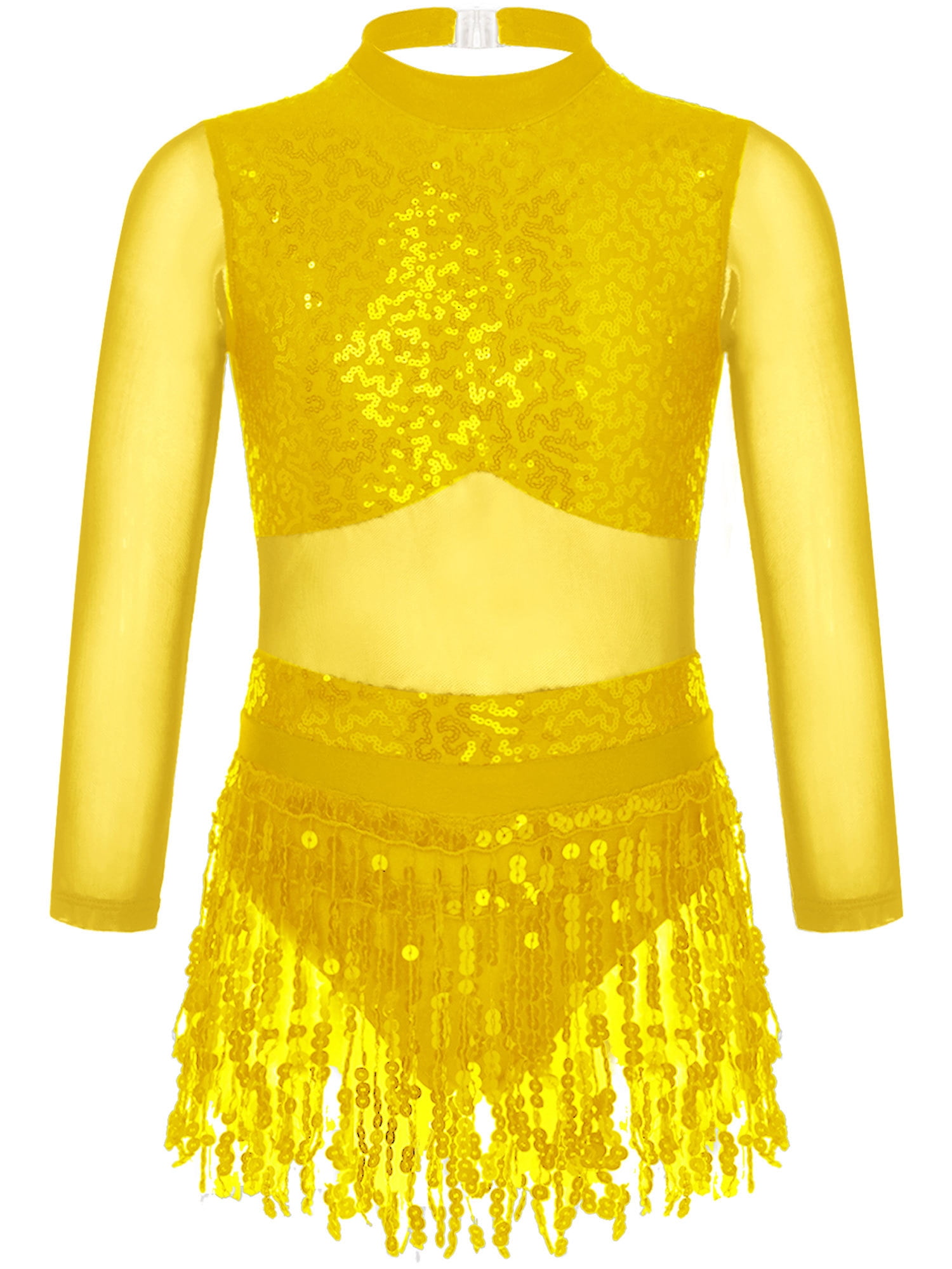 YEAHDOR Girls Mesh Long Sleeve Sequins Tassel Dance Dress Latin Jazz ...
