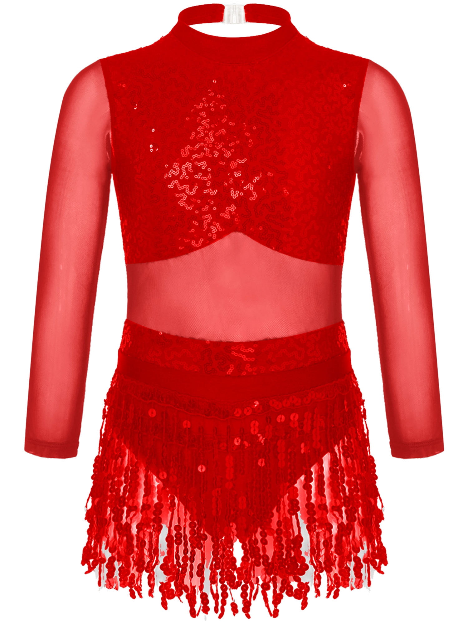 YEAHDOR Girls Mesh Long Sleeve Sequins Tassel Dance Dress Latin Jazz ...