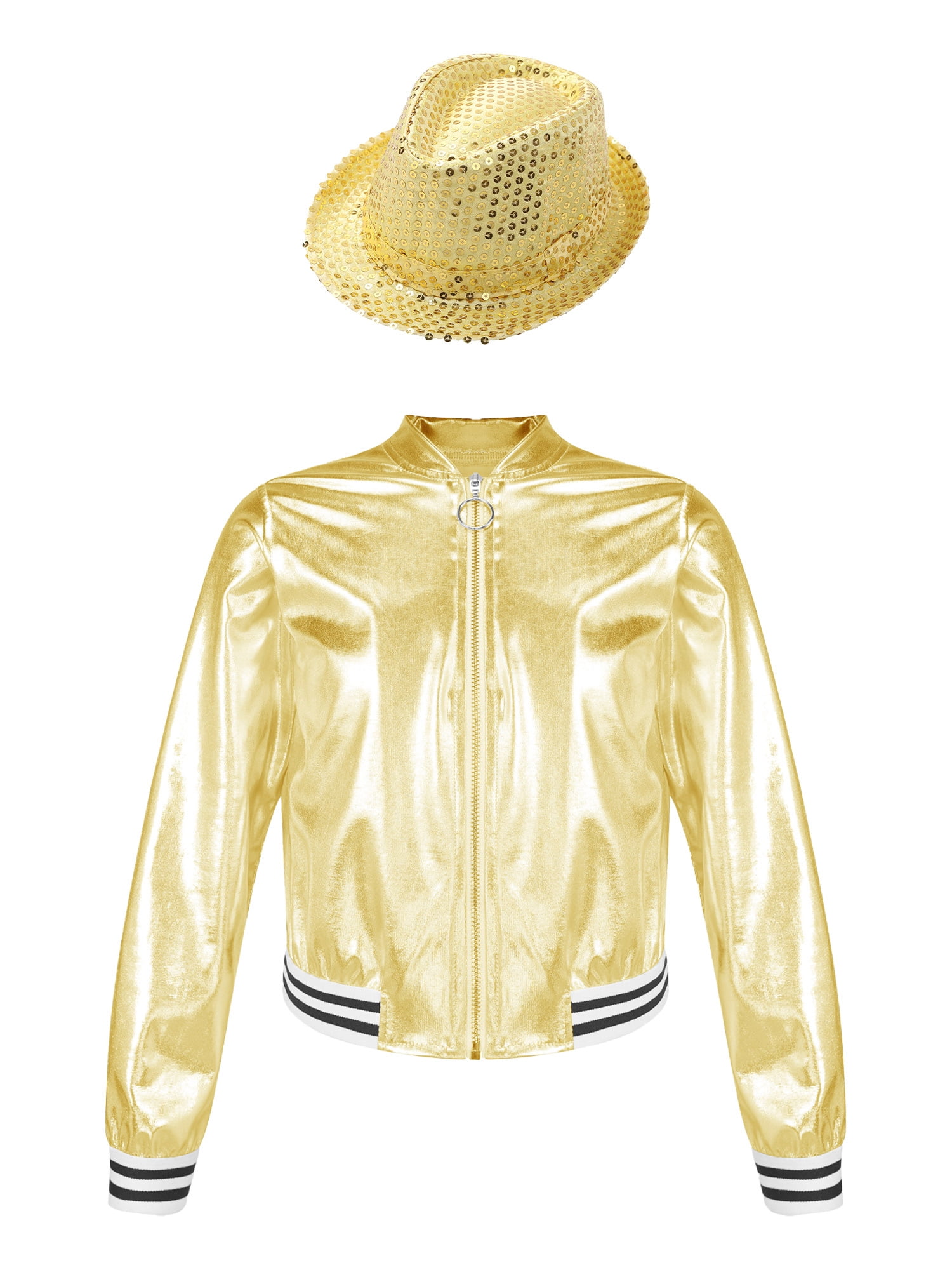 YEAHDOR Girls Metallic Bomber Jacket Outwear with Fedora Hat Street Dance Performance Costume ...