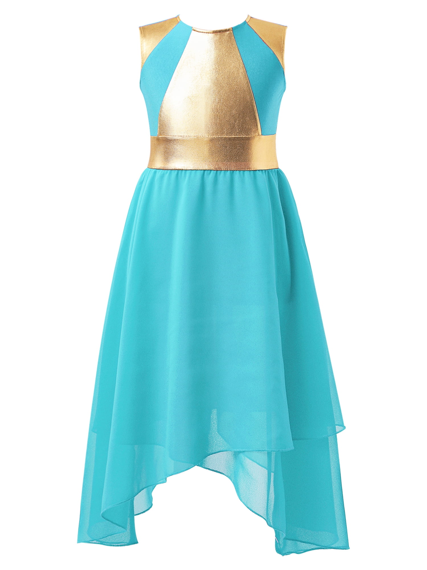 YEAHDOR Girls Sleeveless Asymmetrical Dance Dress Shiny High Waist ...