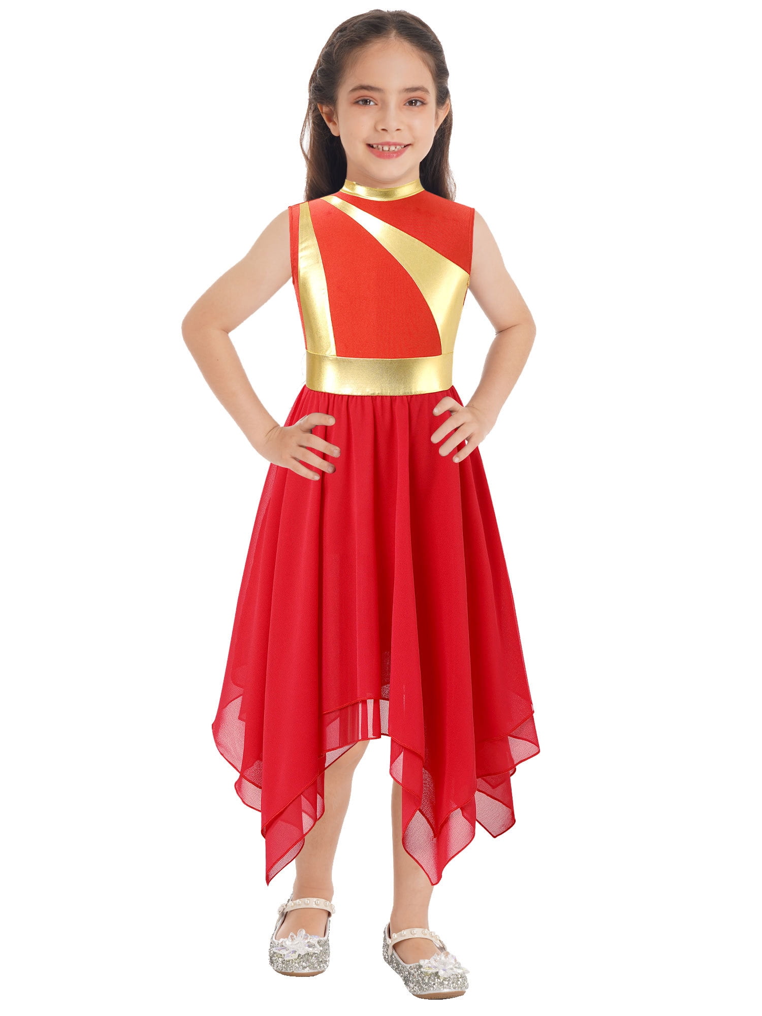 YEAHDOR Girls Sleeveless Asymmetrical Dance Dress Shiny High Waist ...