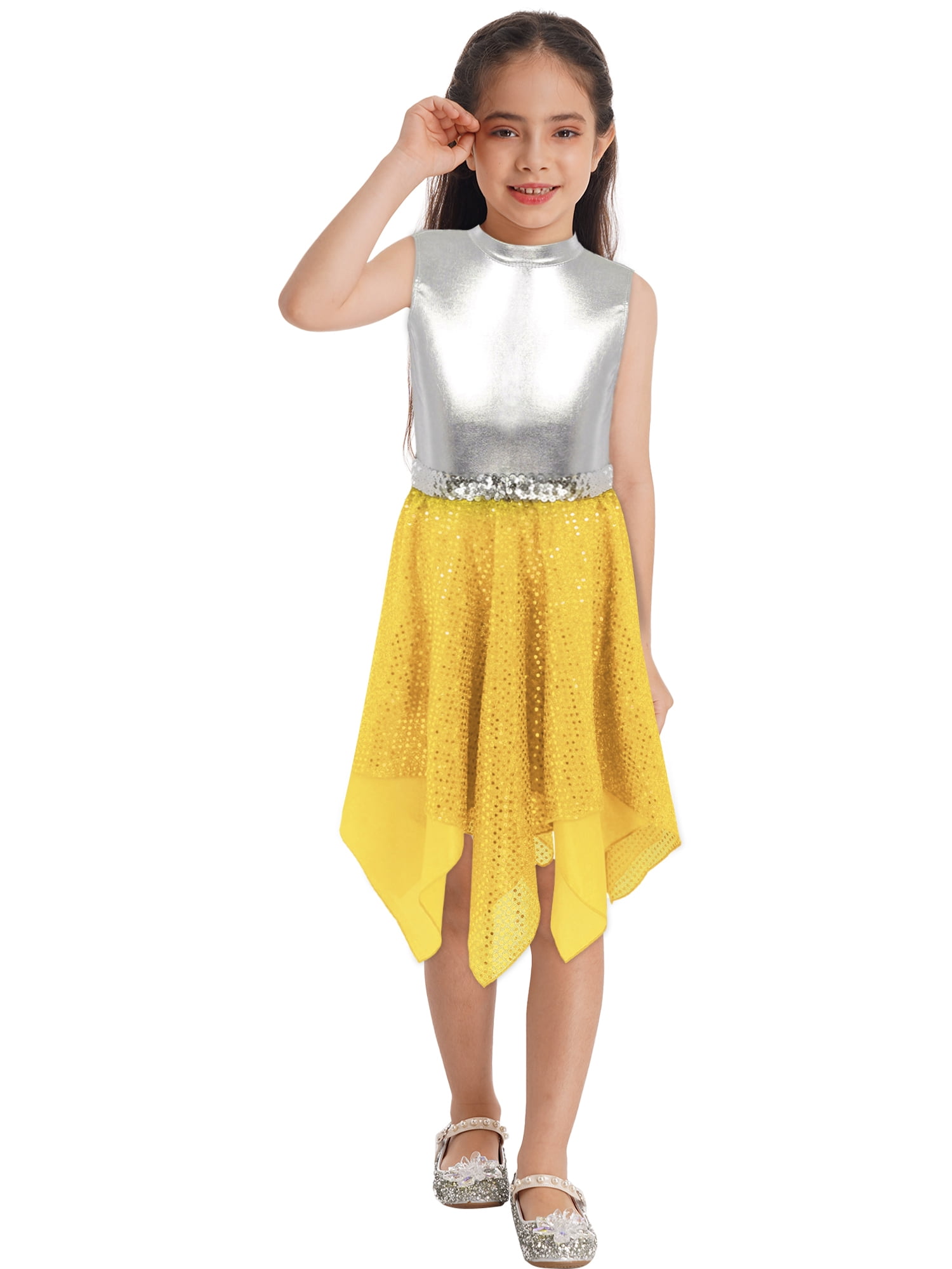 YEAHDOR Girls Sleeveless Asymmetrical Dance Dress Shiny High Waist ...