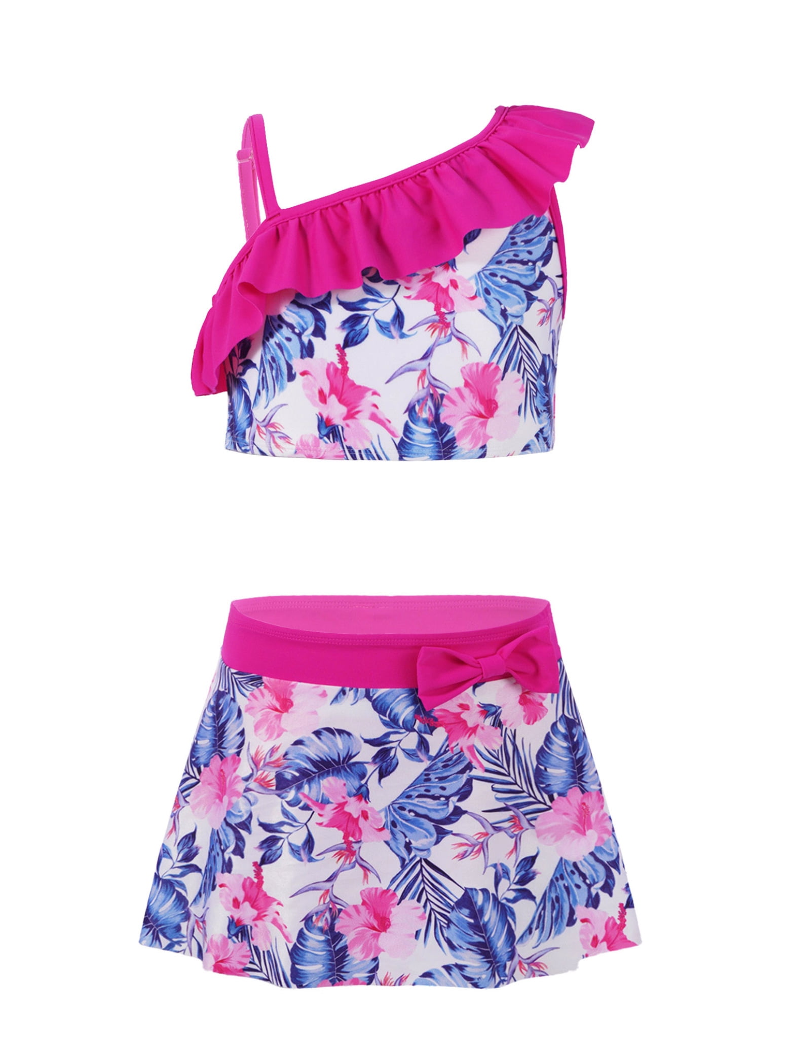 YEAHDOR Kids Girls 3Pcs Swimsuit Asymmetrical Floral Print Swimming ...
