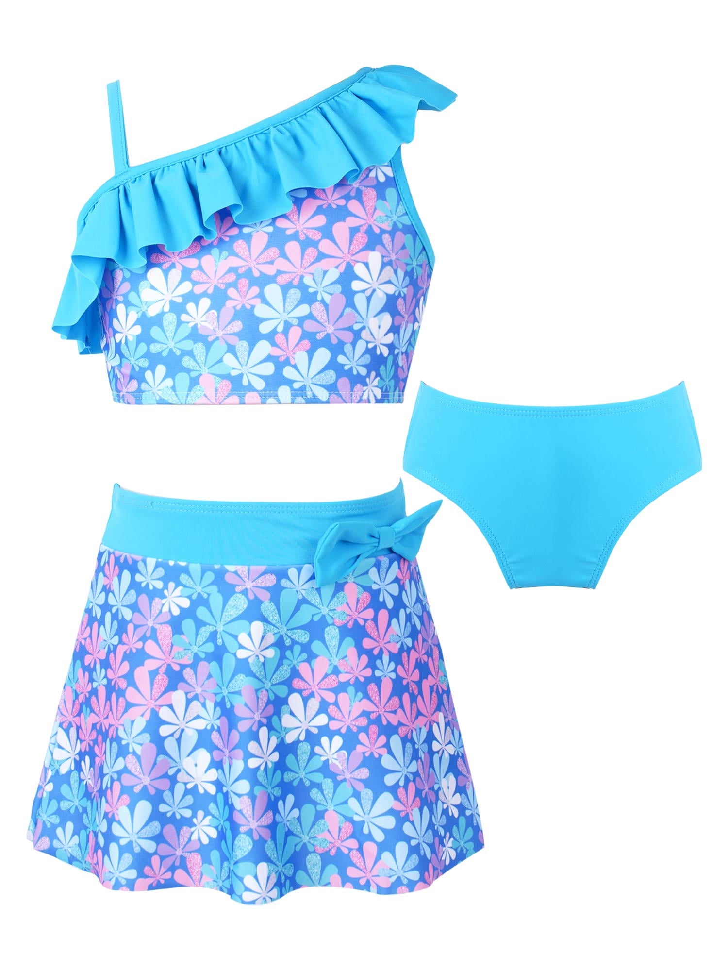 Yeahdor Kids Girls 3Pcs Swimsuit, Floral Print, Asymmetrical Top, Skirt ...