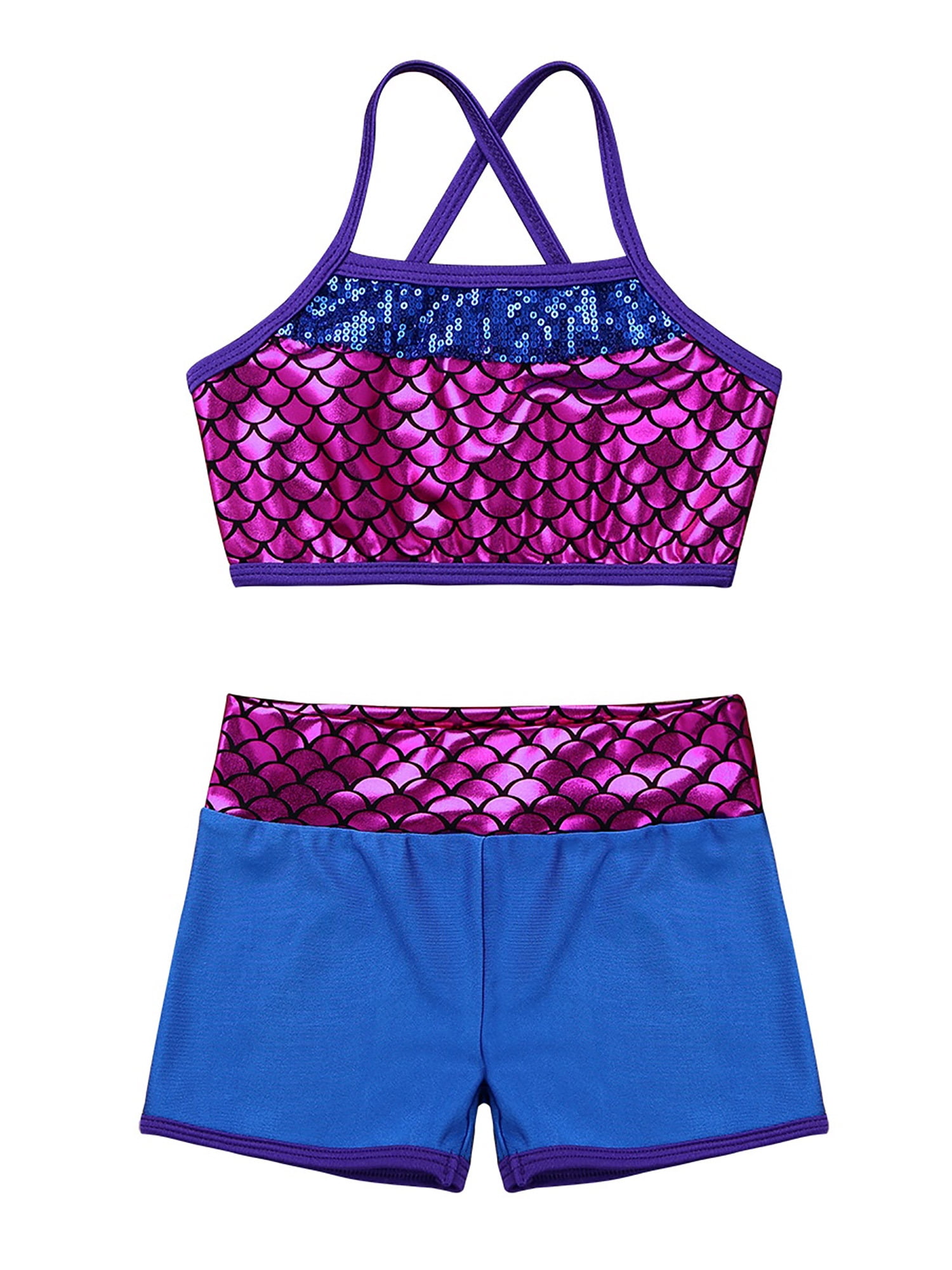 YEAHDOR Kids Girls Ballet Dance Costume Sequins Fish Scales Printed ...