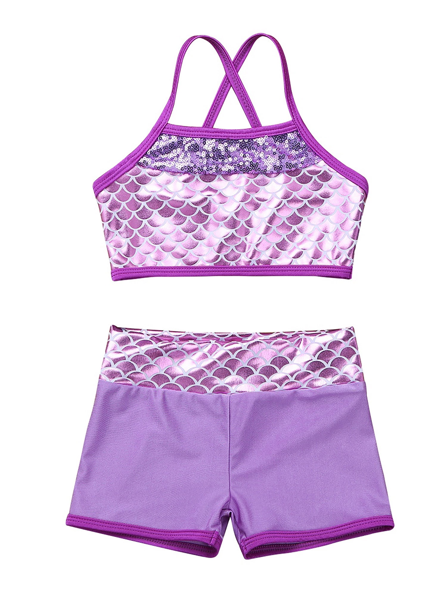 YEAHDOR Kids Girls Ballet Dance Costume Sequins Fish Scales Printed ...