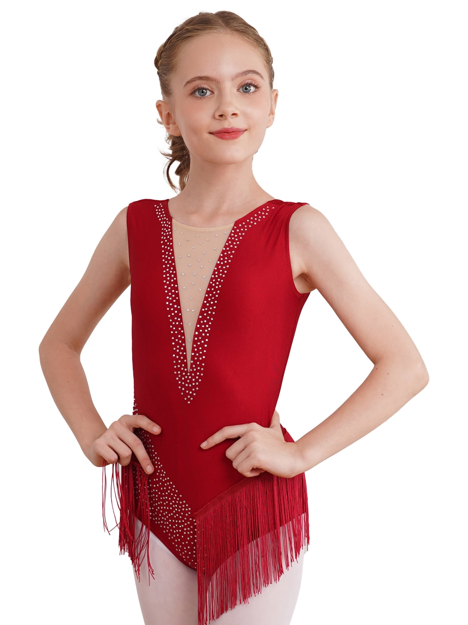 YEAHDOR Kids Girls Ballet Dance Leotard Sleeveless Tassels Bodysuit ...