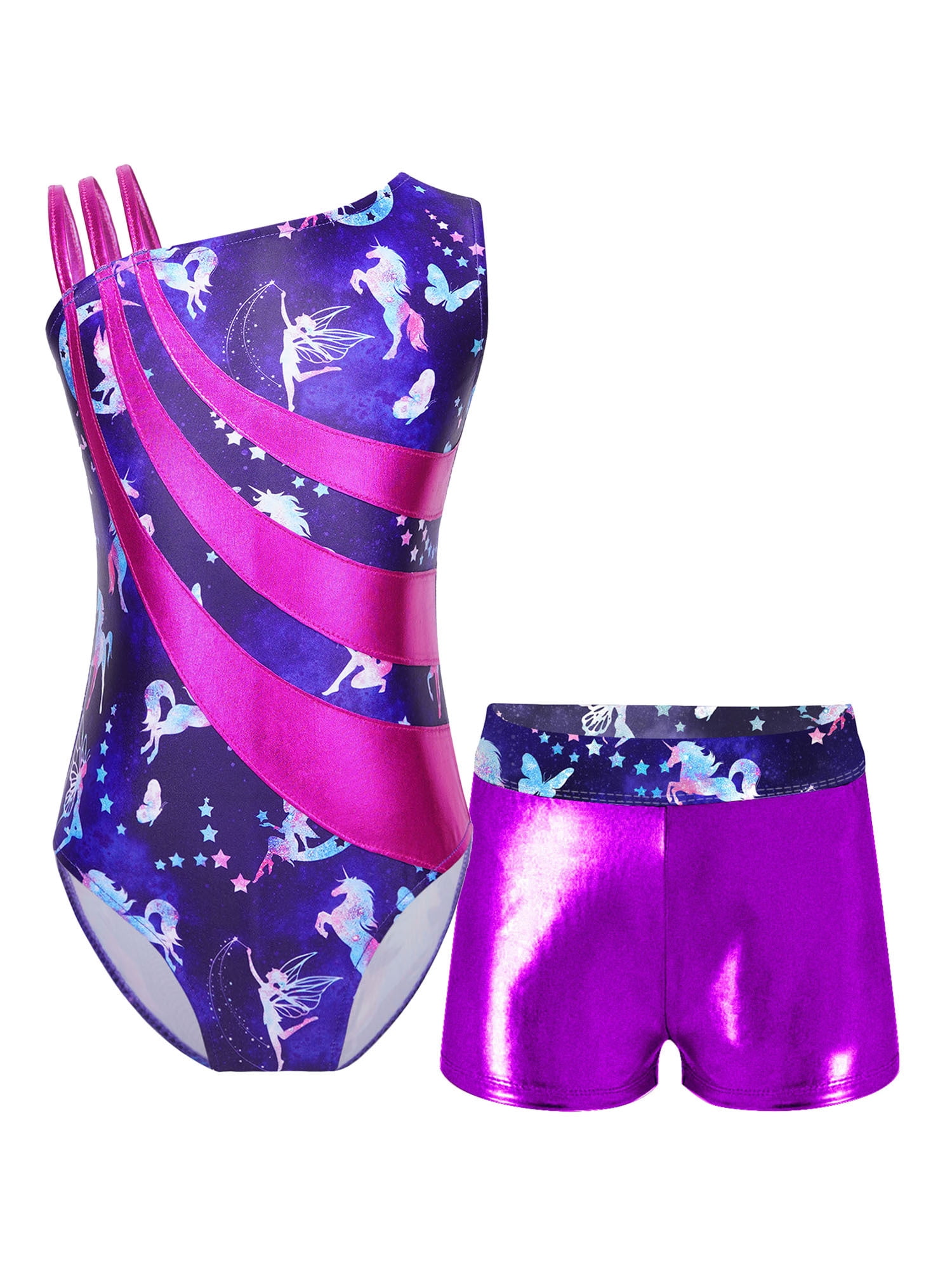 YEAHDOR Kids Girls Bronzing Ballet Dance Set Asymmetrical Shoulder ...