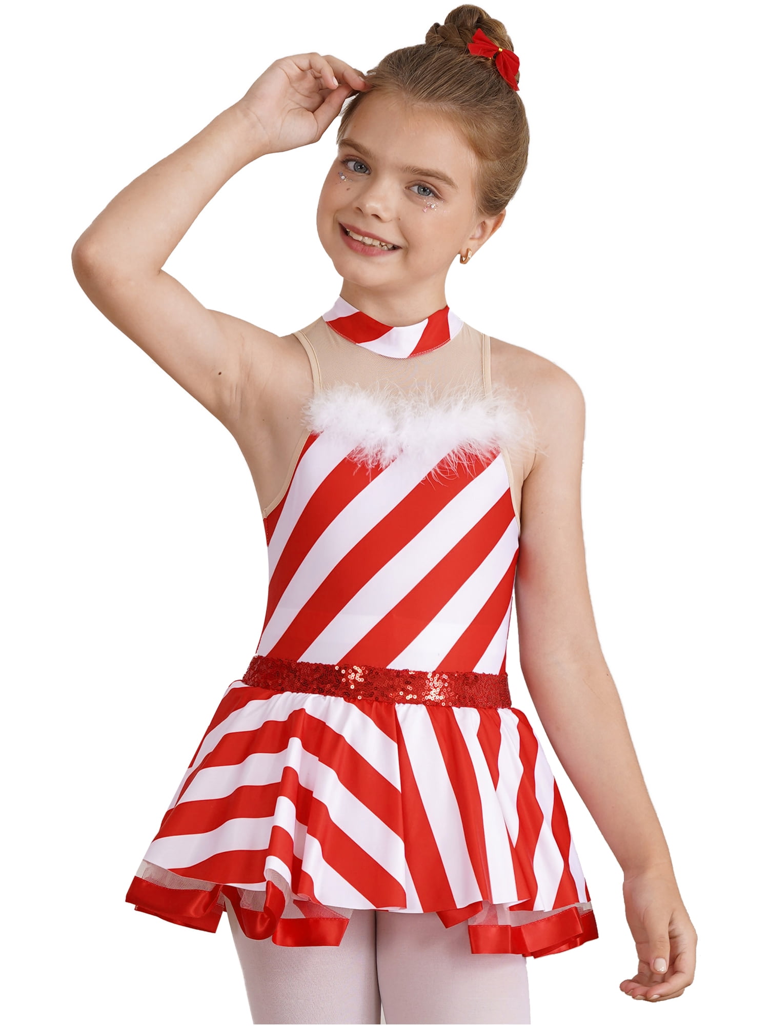 YEAHDOR Kids Girls Christmas Miss Santa Costume Sequins Striped Dance ...