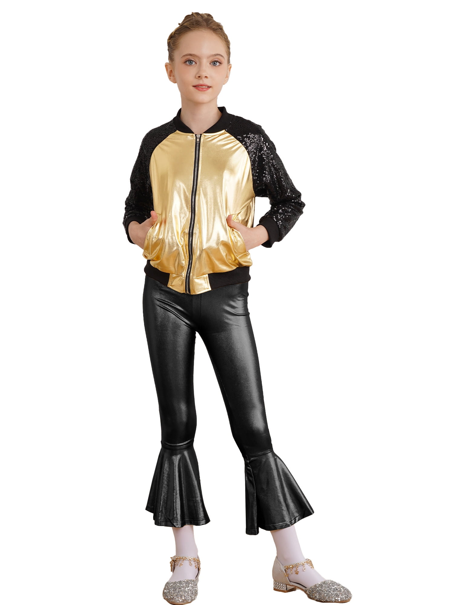 YEAHDOR Kids Girls Dance Outfit Shiny Sequins Long Sleeve Jacket with ...