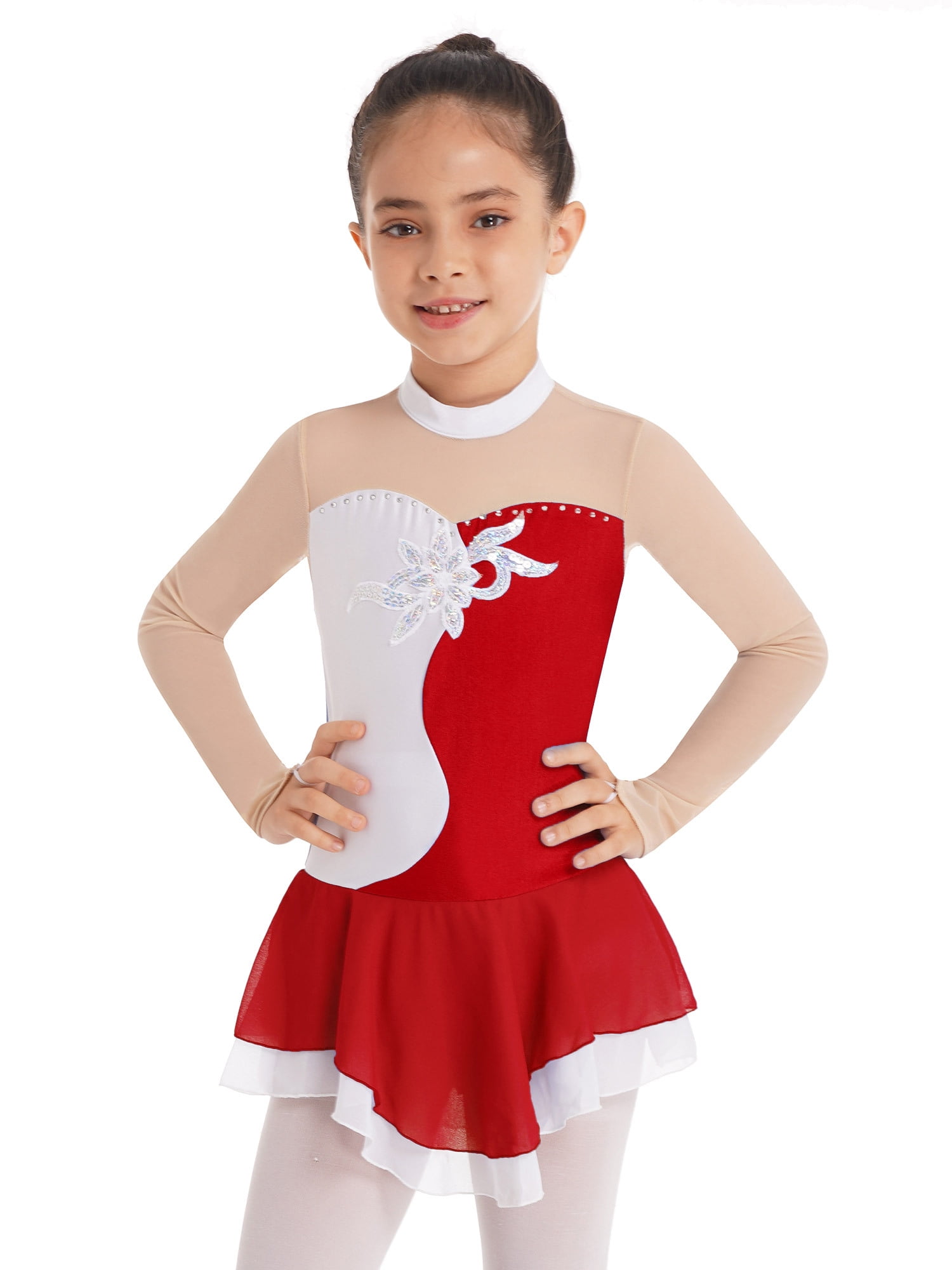 YEAHDOR Kids Girls Figure Ice Skating Dress Mesh Hollow Back Sequins Tulle Leotard Dress ...