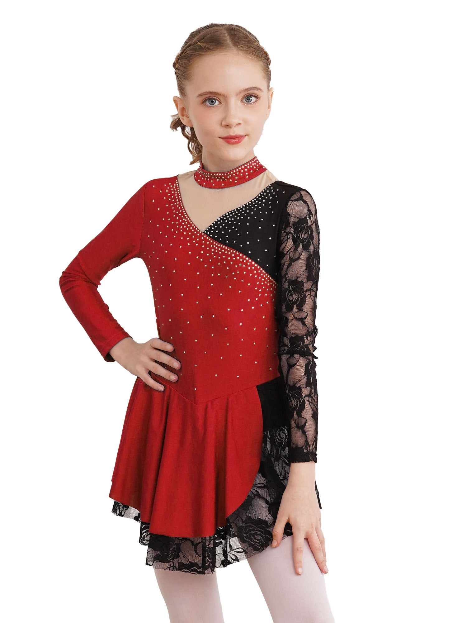 YEAHDOR Kids Girls Figure Skating Dress Asymmetrical Floral Lace Long ...