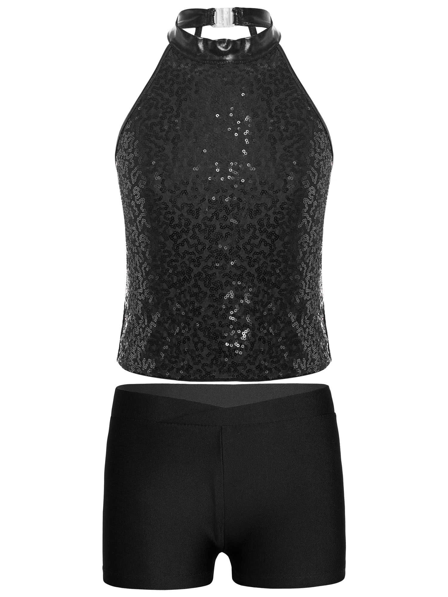 YEAHDOR Kids Girls Gymnastic Dance Outfit Halter Allover Sequins Tops ...