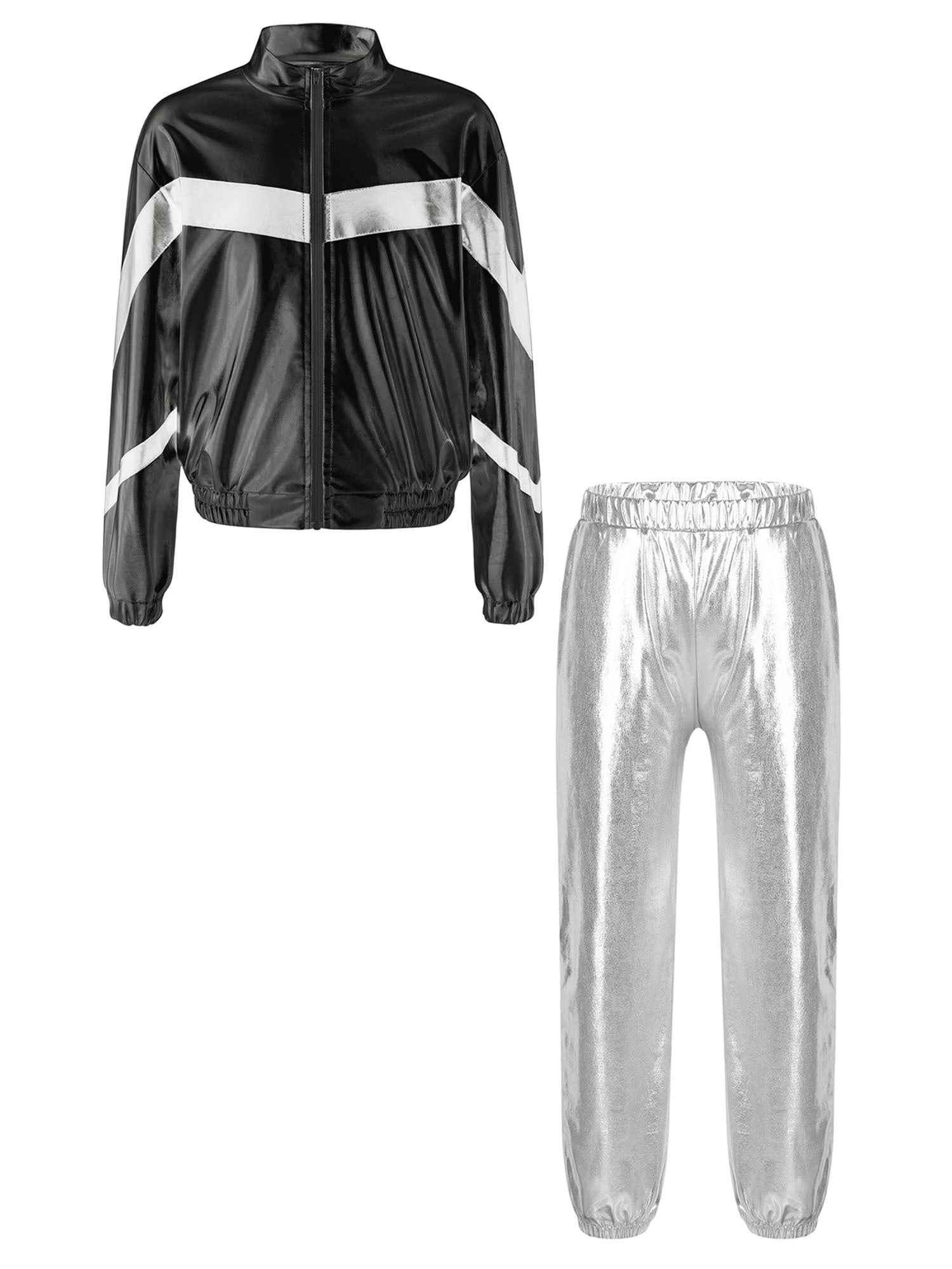 YEAHDOR Kids Girls Hip-Hop Jazz Dance Jacket with Pants Glossy Zipper ...