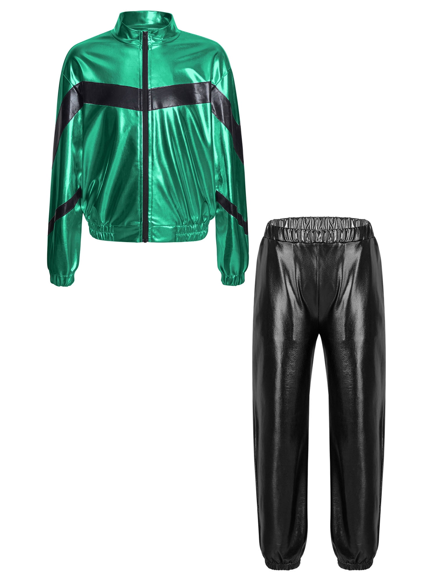 YEAHDOR Kids Girls Hip-Hop Jazz Dance Jacket with Pants Glossy Zipper ...