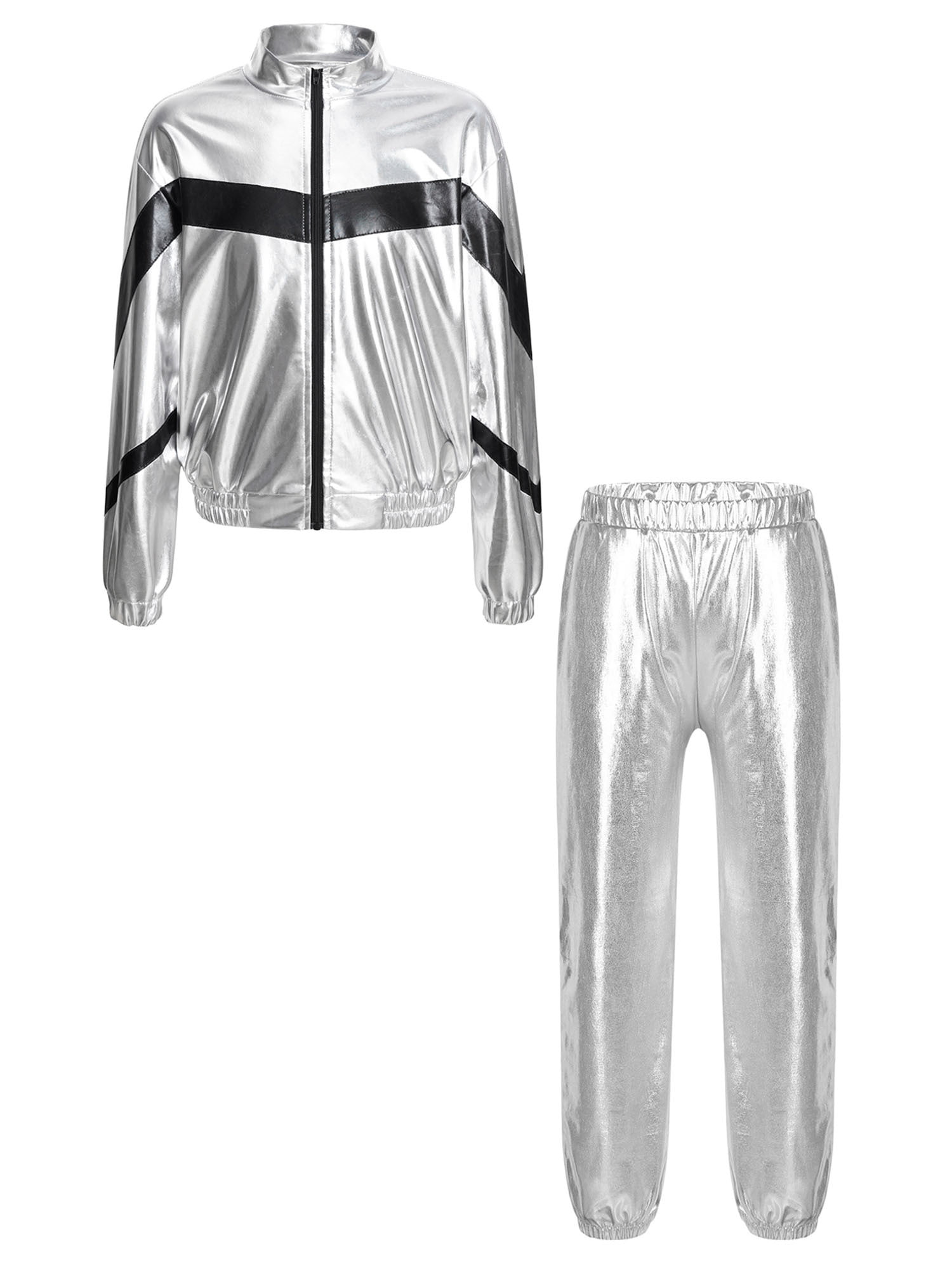 YEAHDOR Kids Girls Hip-Hop Jazz Dance Jacket with Pants Glossy Zipper ...