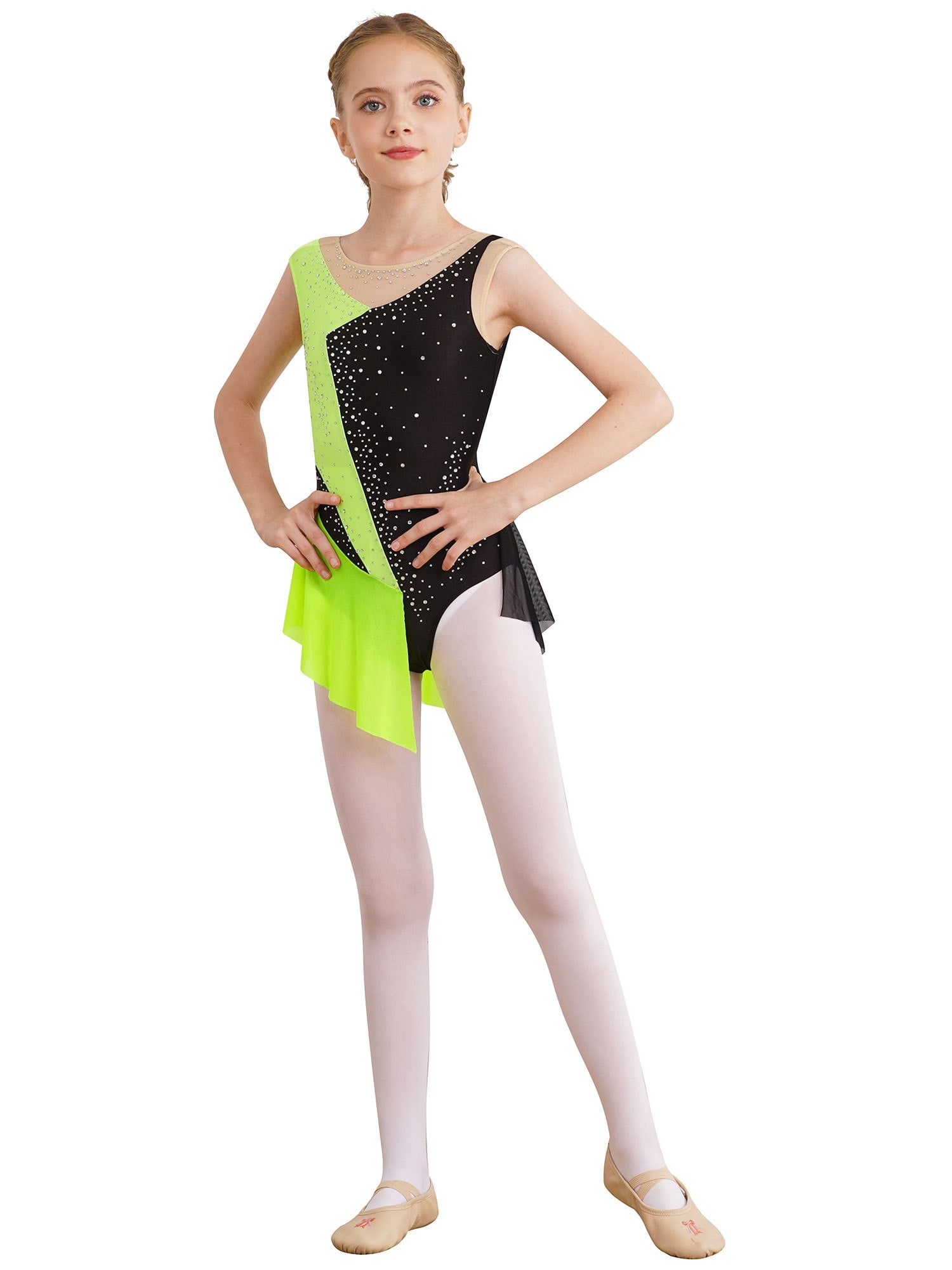 YEAHDOR Kids Girls Illusion Deep V-back Dance Leotard Shiny Rhinestone ...
