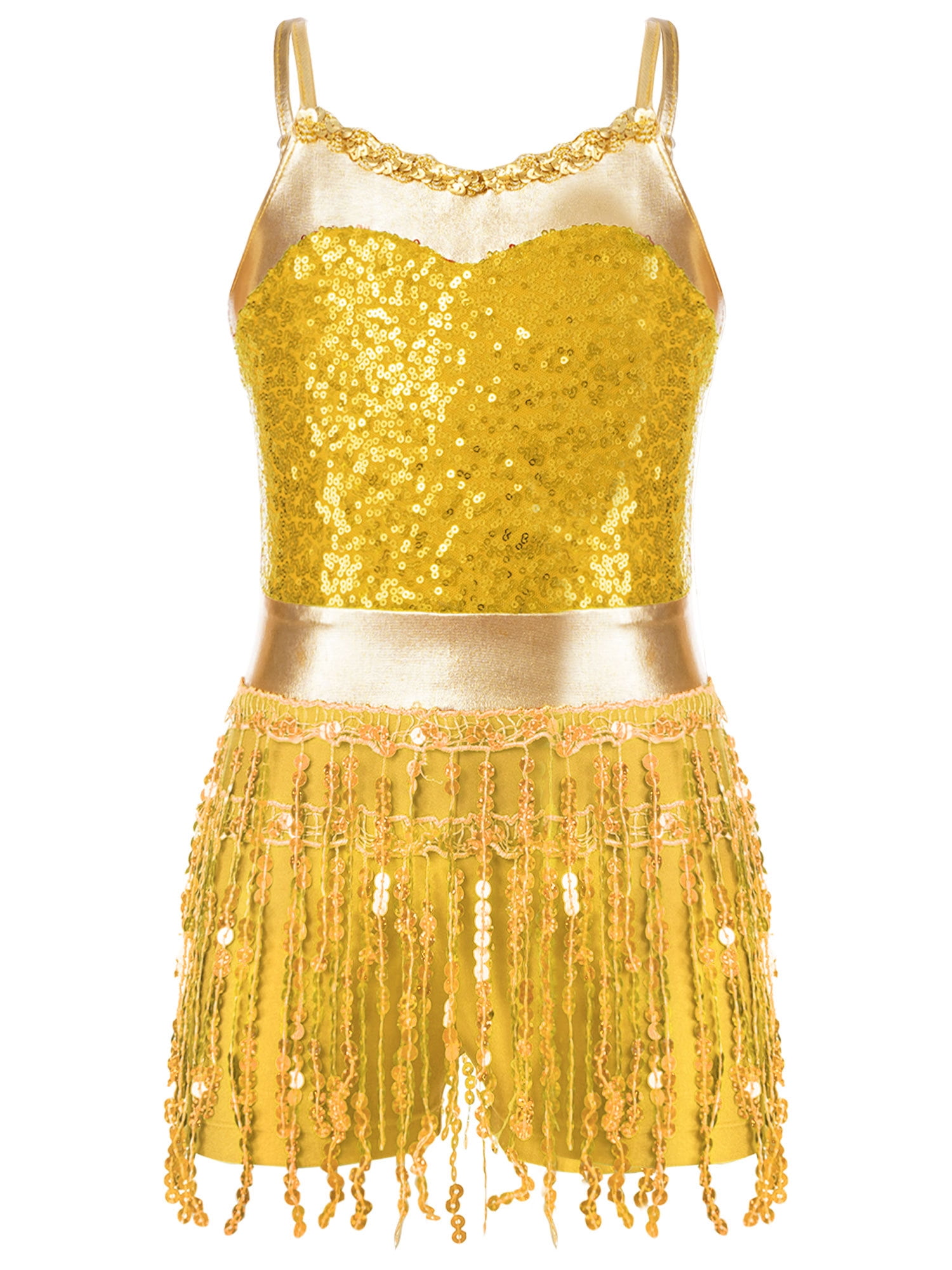 YEAHDOR Kids Girls Latin Cha-cha Dance Leotard Sparkle Sequin Fringe ...