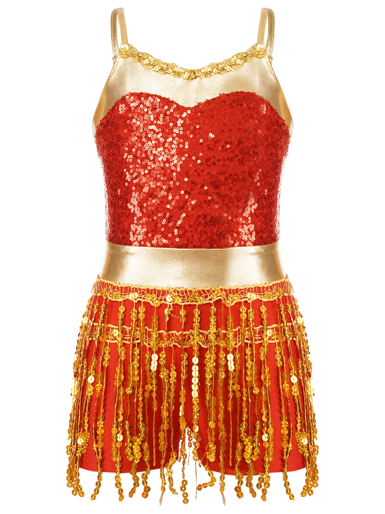 YEAHDOR Kids Girls Latin Cha-cha Dance Leotard Sparkle Sequin Fringe ...