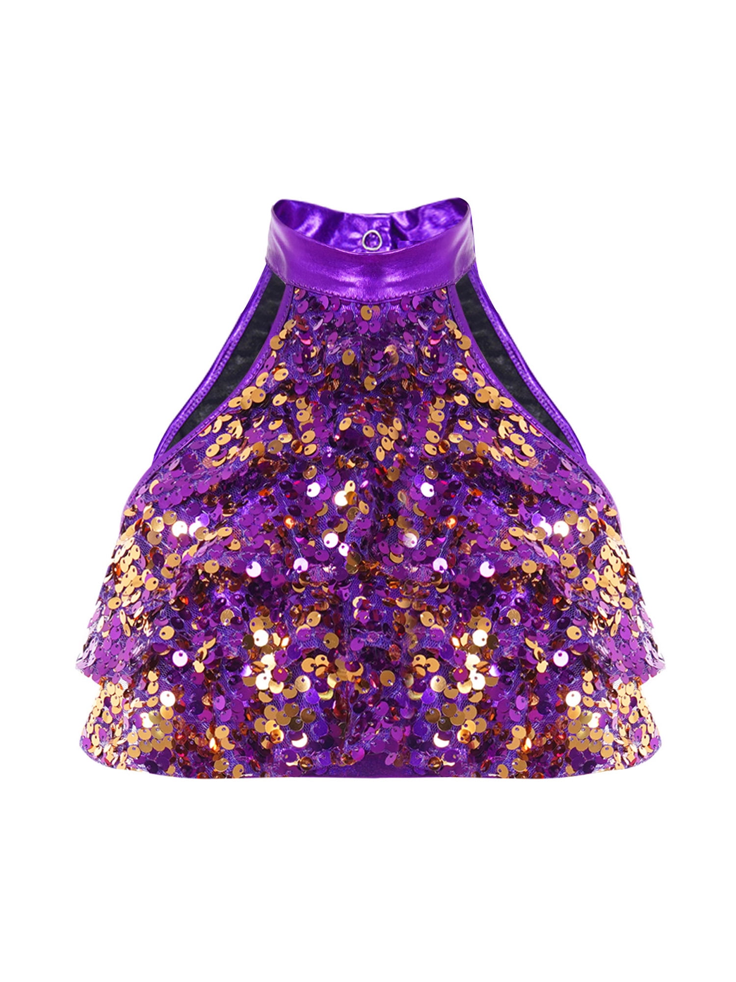 YEAHDOR Kids Girls Latin Cha-cha Dance Tops Tiered Shiny Sequins ...
