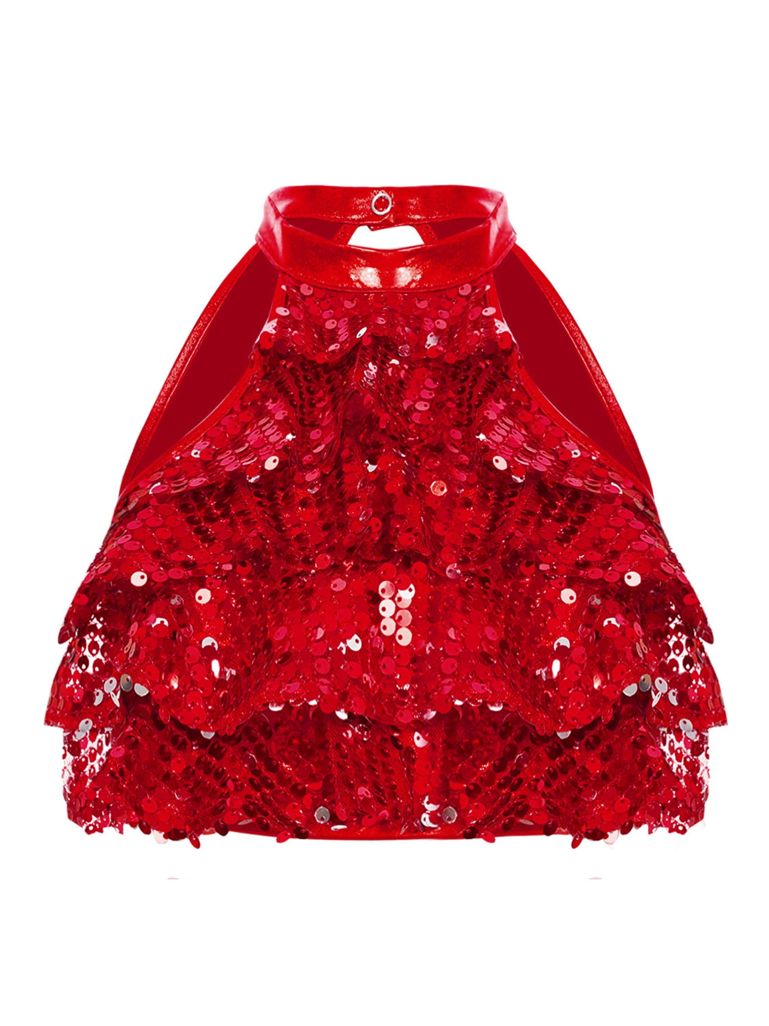 YEAHDOR Kids Girls Latin Cha-cha Dance Tops Tiered Shiny Sequins ...