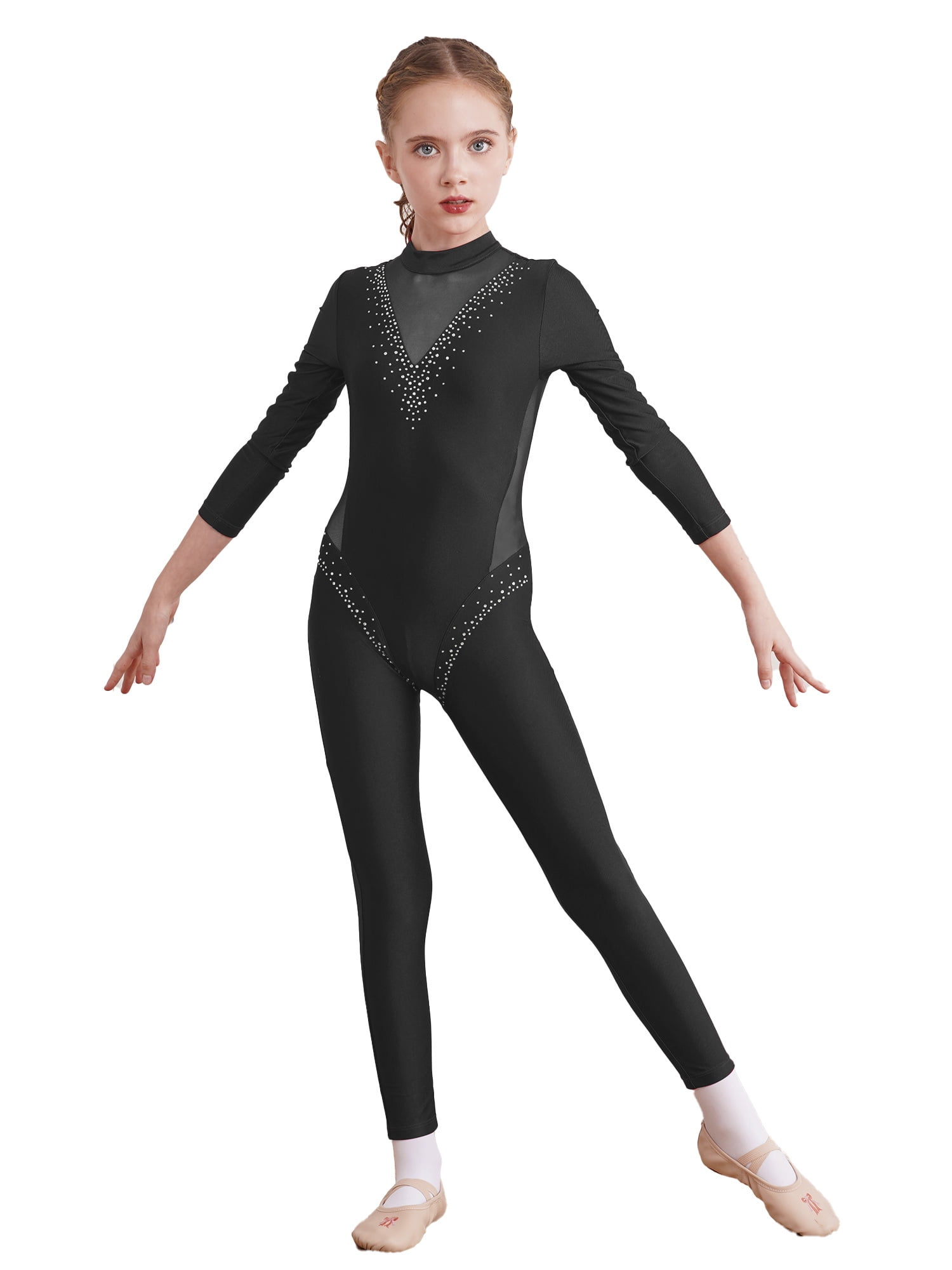 YEAHDOR Kids Girls Long Sleeve Sports Unitard Illusion V Neck Ballet ...