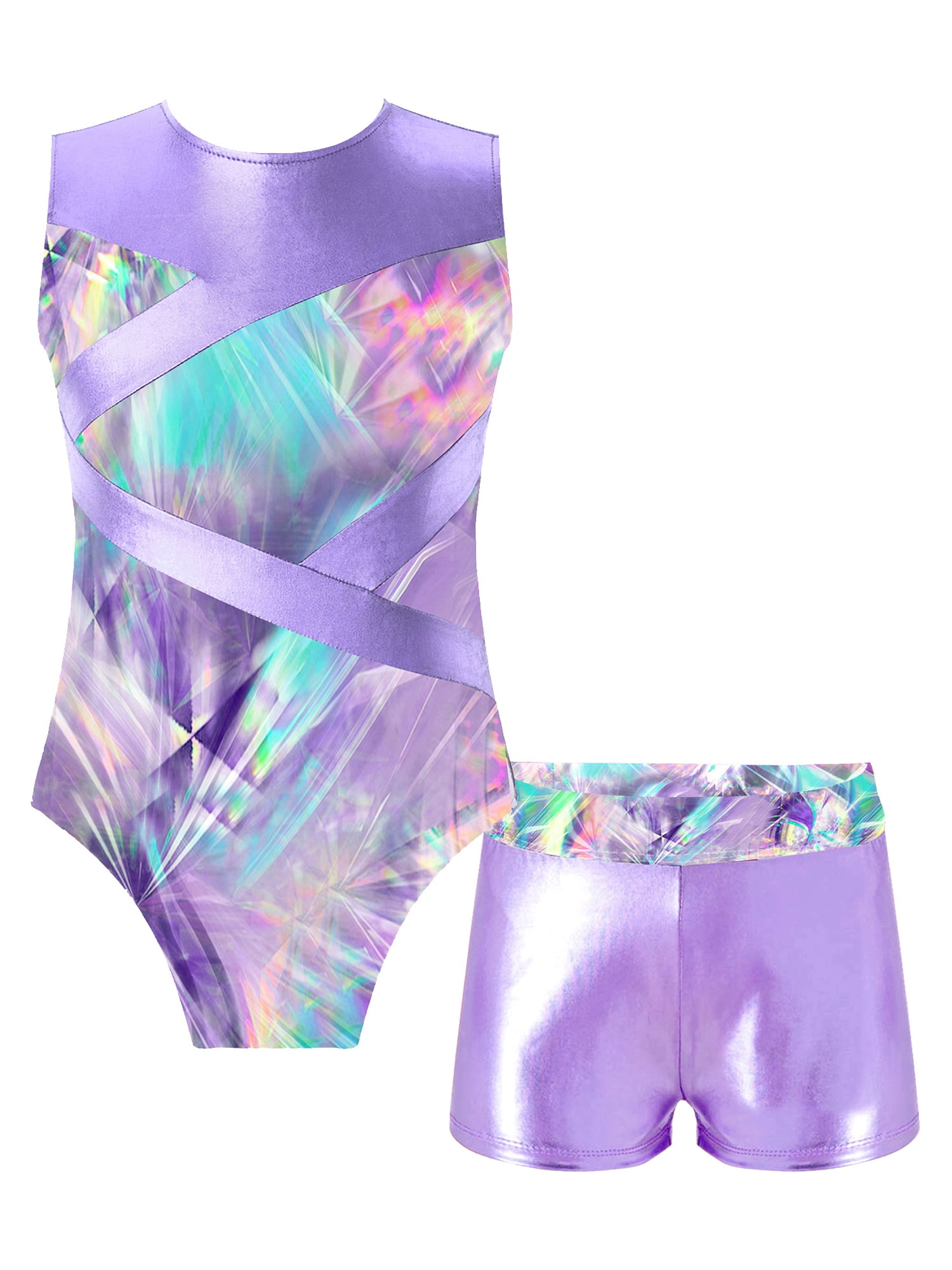 YEAHDOR Kids Girls Metallic Ballet Gymnastics Bodysuit with Shorts Set ...