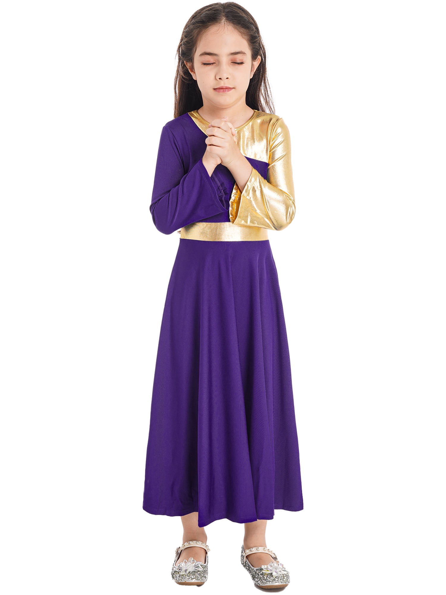 YEAHDOR Kids Girls Metallic Liturgical Praise Dance Dress Long Sleeve ...