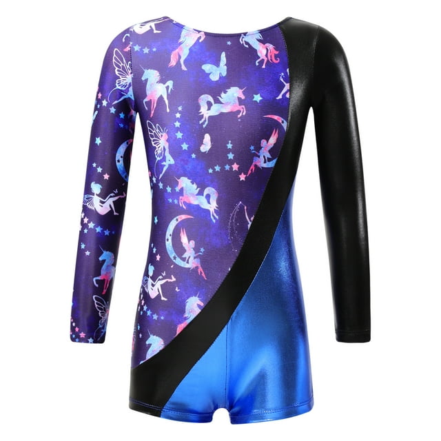 YEAHDOR Kids Girls Metallic Printed Gymnastics Leotard Long Sleeve ...
