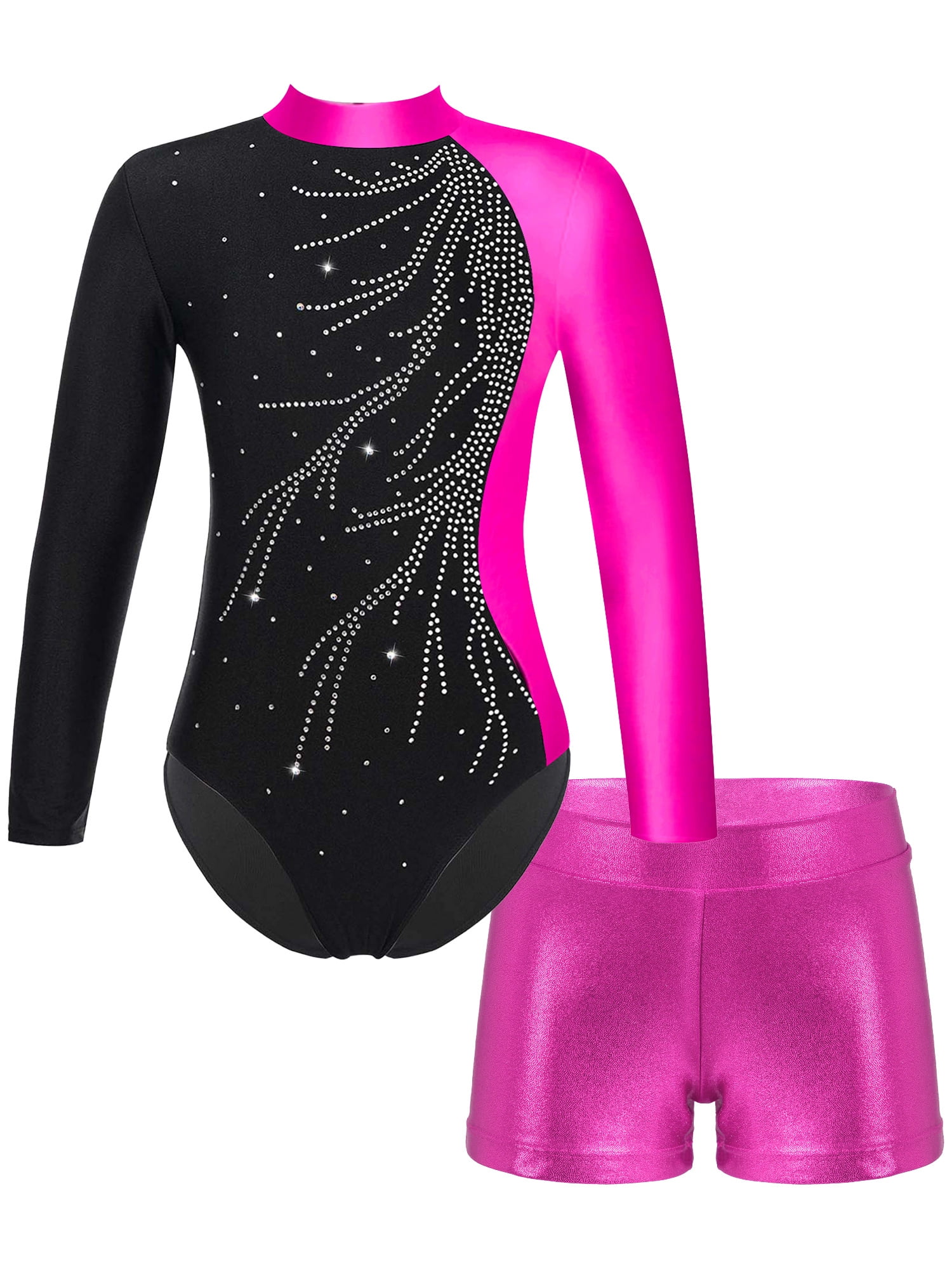 YEAHDOR Kids Girls Shiny Faux Diamonds Keyhole Back Leotard with Shorts ...