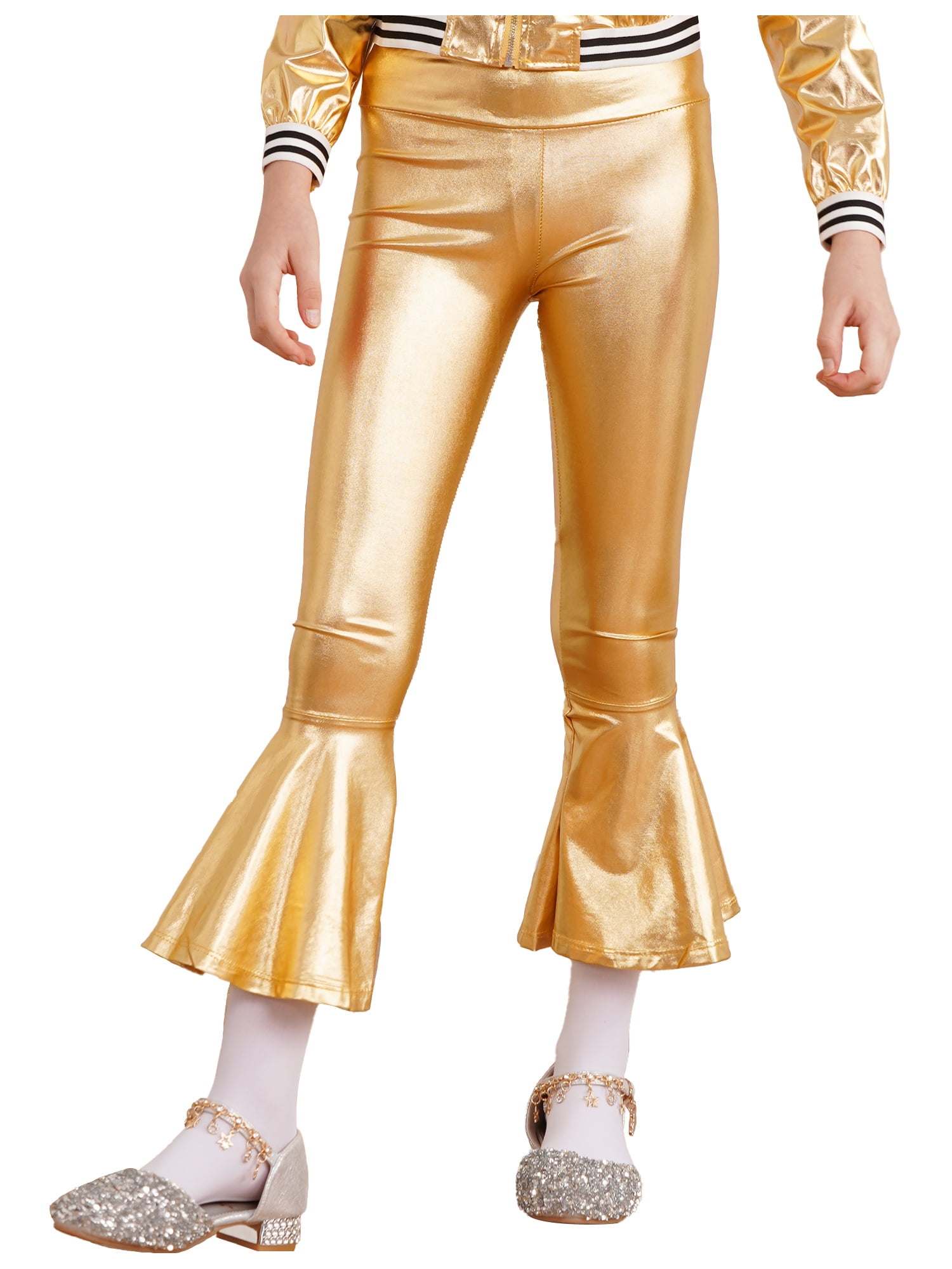 YEAHDOR Kids Girls Shiny Metallic Dance Pants High Waist Bell Bottom ...