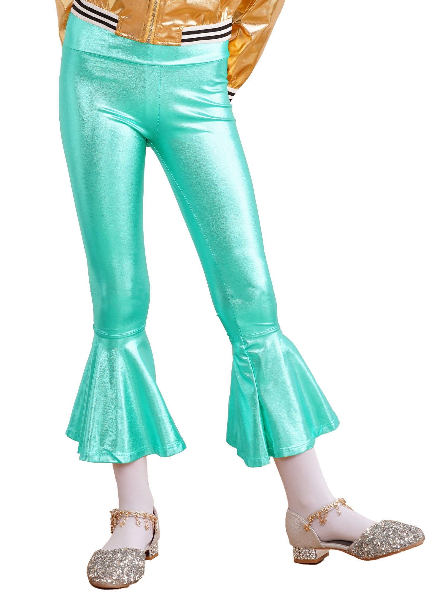 YEAHDOR Kids Girls Shiny Metallic Dance Pants High Waist Bell Bottom ...