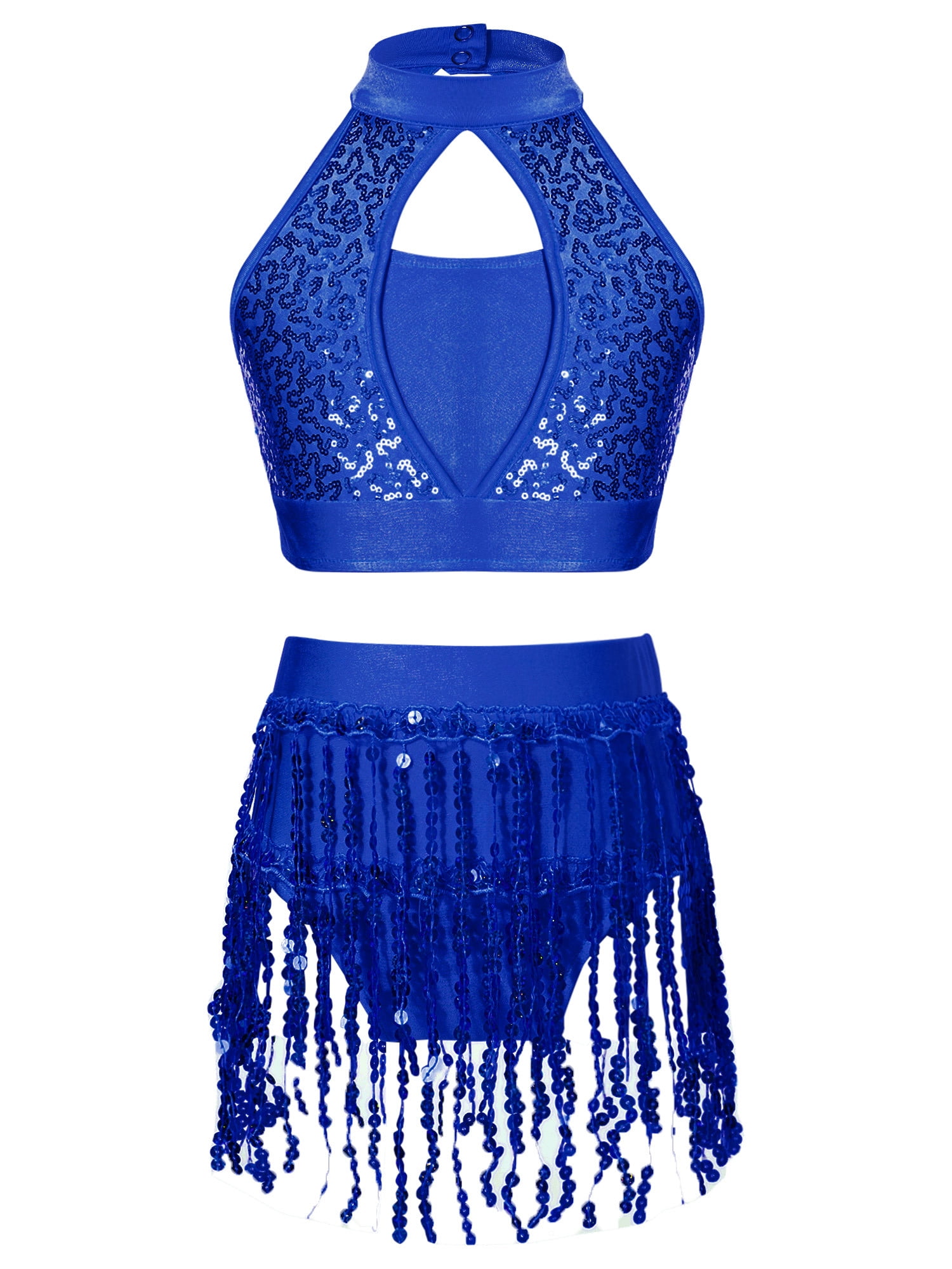 YEAHDOR Kids Girls Shiny Sequins 2Pcs Dance Set Halter Neck Sparkly ...