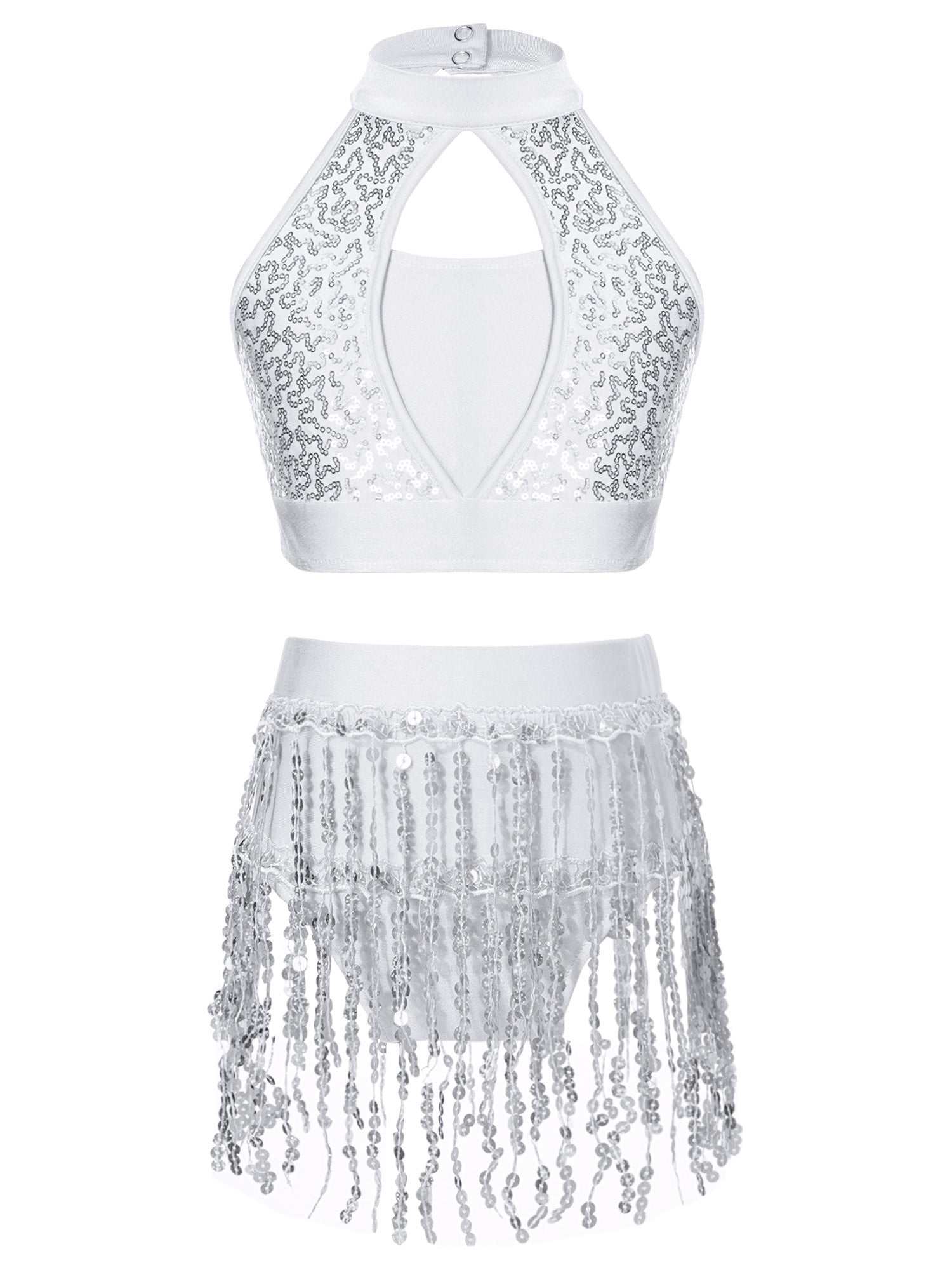 YEAHDOR Kids Girls Shiny Sequins 2Pcs Dance Set Halter Neck Sparkly ...
