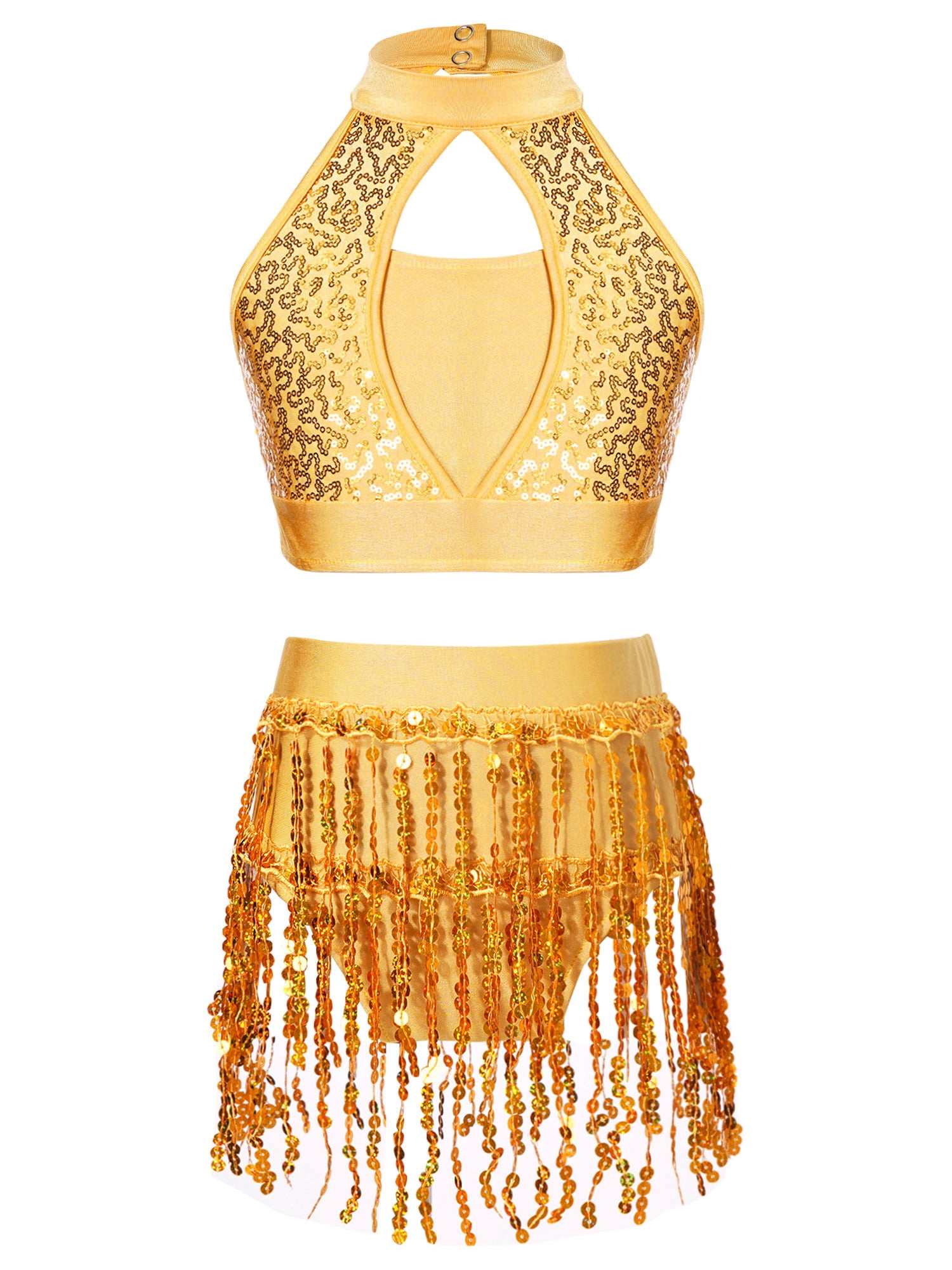 YEAHDOR Kids Girls Shiny Sequins 2Pcs Dance Set Halter Neck Sparkly ...