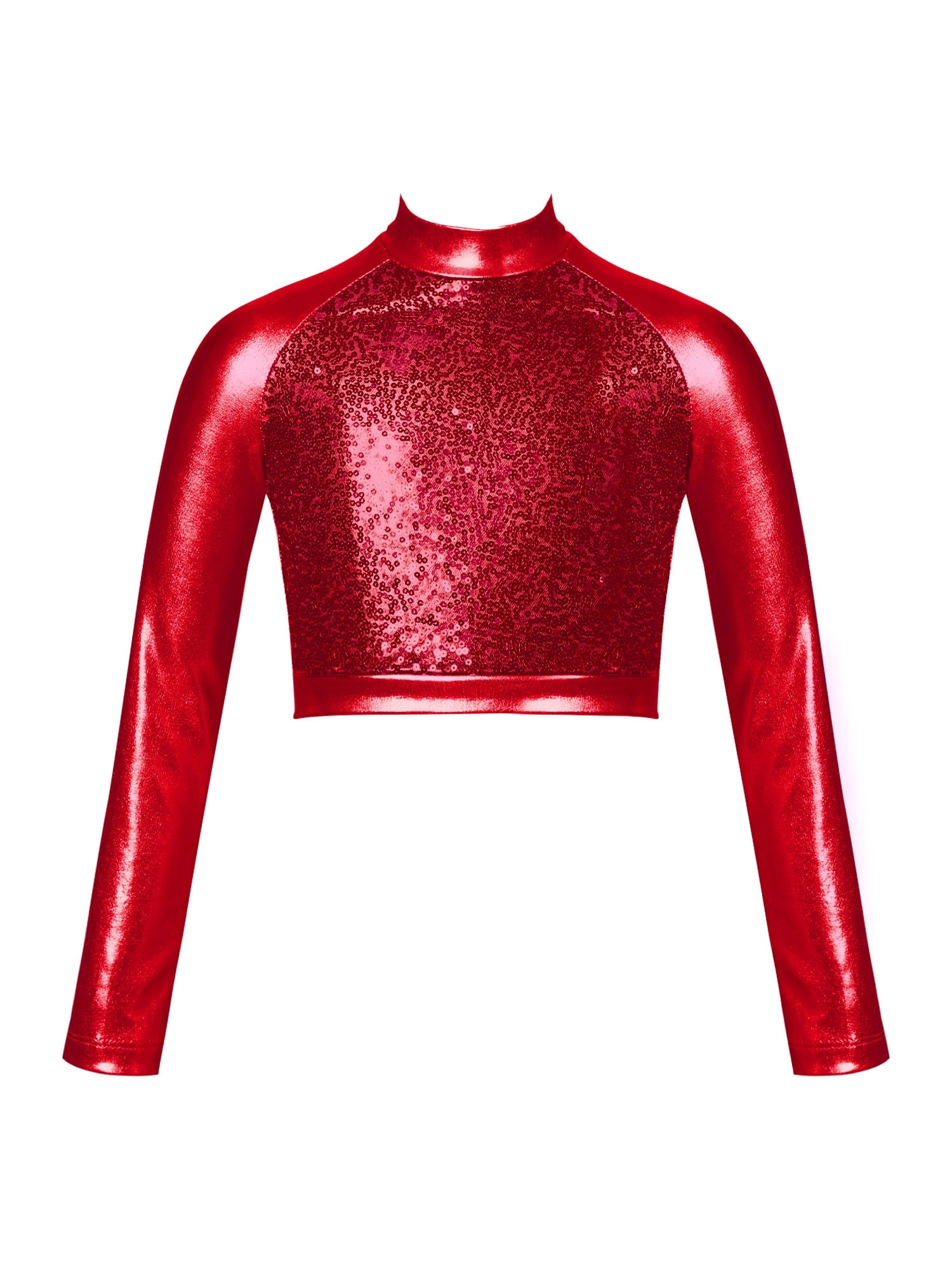 YEAHDOR Kids Girls Shiny Sequins Front Dance Tops Metallic Long Sleeve ...