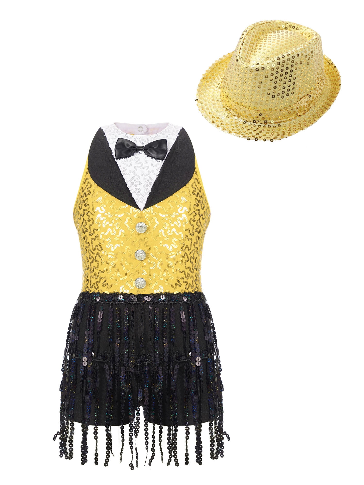 YEAHDOR Kids Girls Shiny Sequins Tassels Dance Leotard with Hat Jazz ...