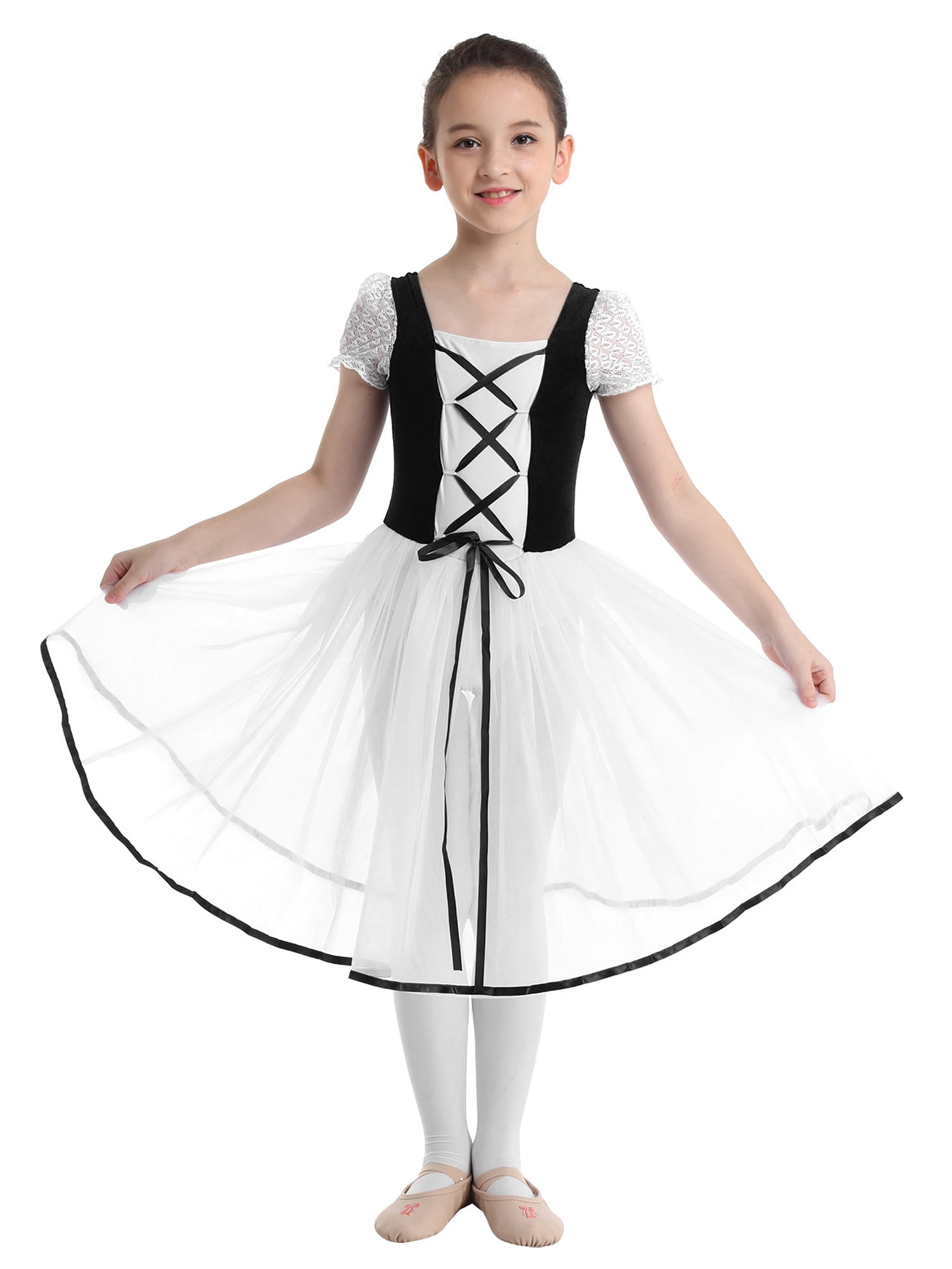 YEAHDOR Little Girls Lacework Bubble Sleeves Ballet Leotard Dress ...