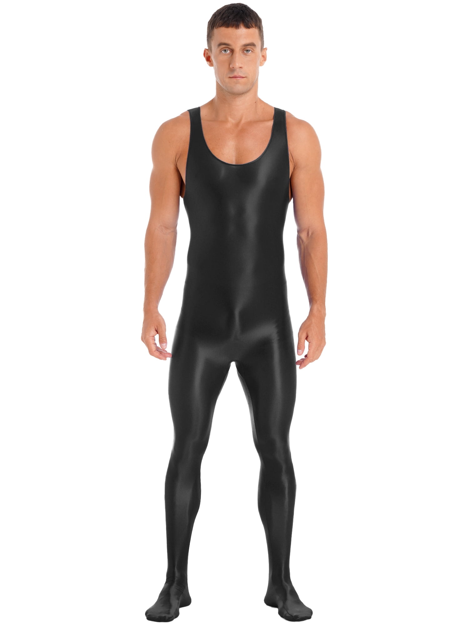YEAHDOR Mens Glossy Full Body Unitard Sleeveless Gym Sports Wrestling ...