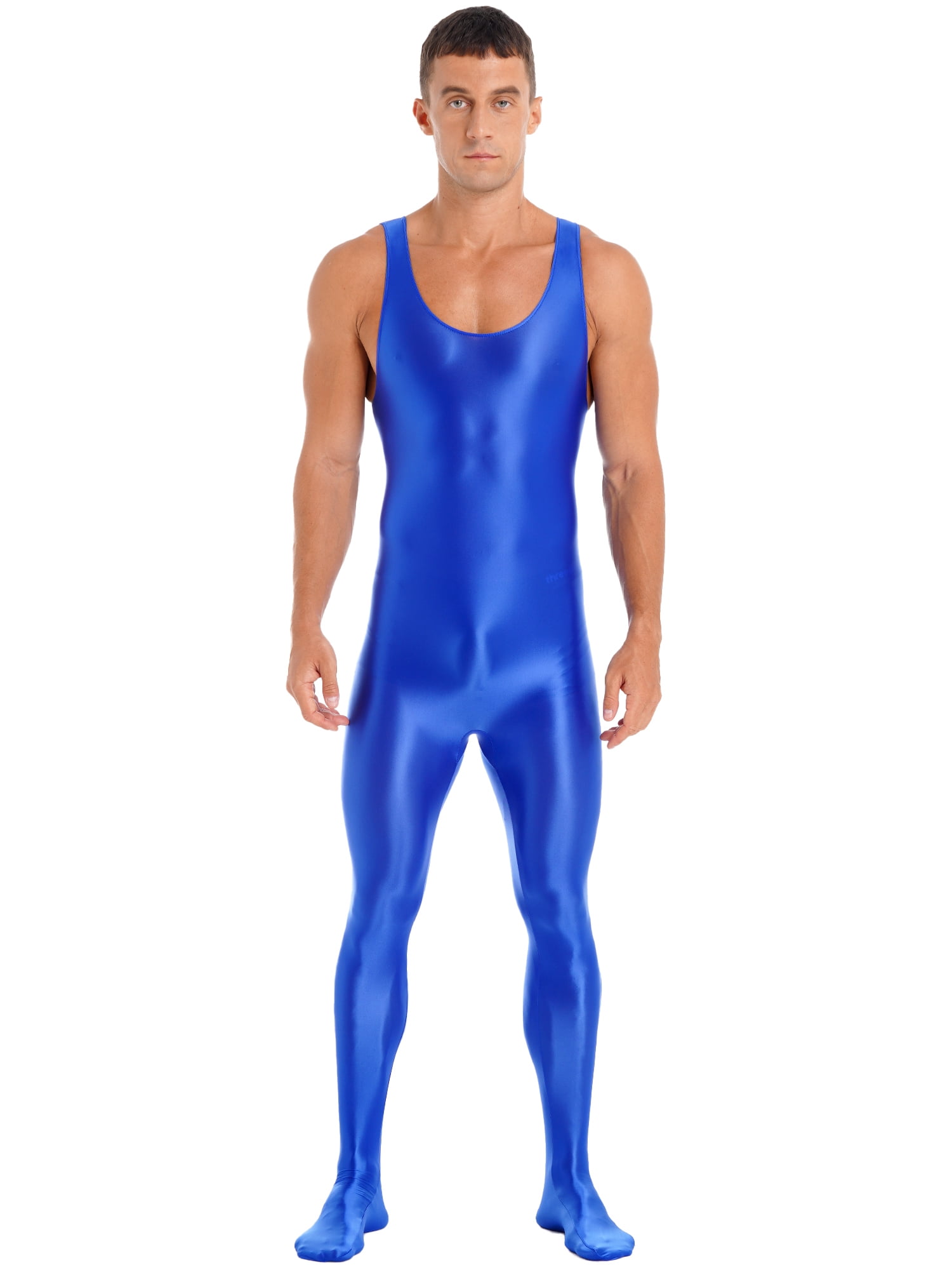 YEAHDOR Mens Glossy Full Body Unitard Sleeveless Gym Sports Wrestling ...