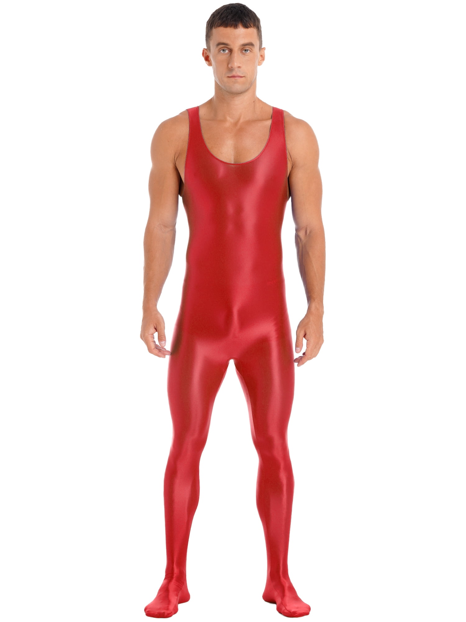 YEAHDOR Mens Glossy Full Body Unitard Sleeveless Gym Sports Wrestling ...