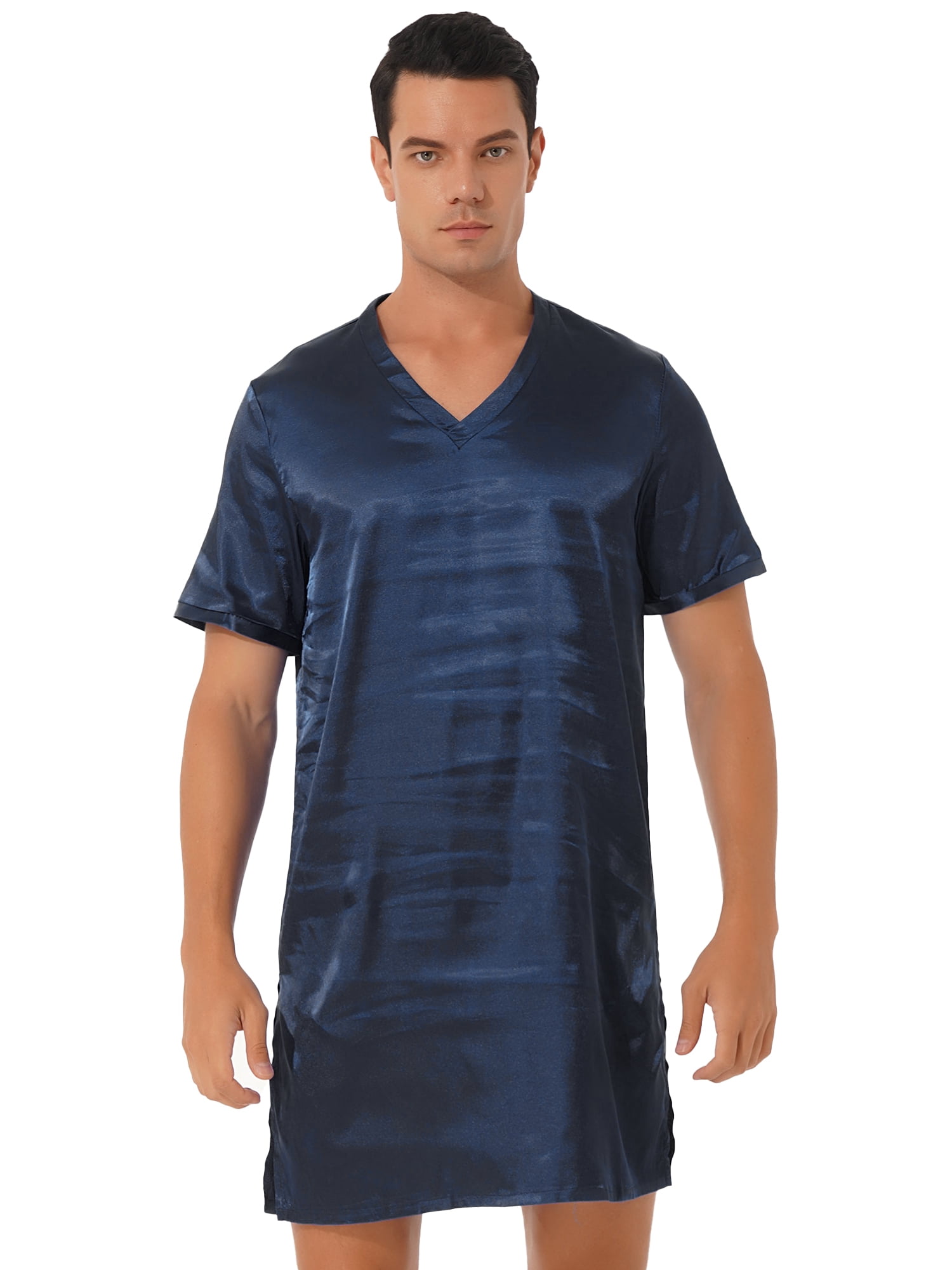 YEAHDOR Mens Satin Soft Nightgown Night Robes V Neck Short Sleeve ...