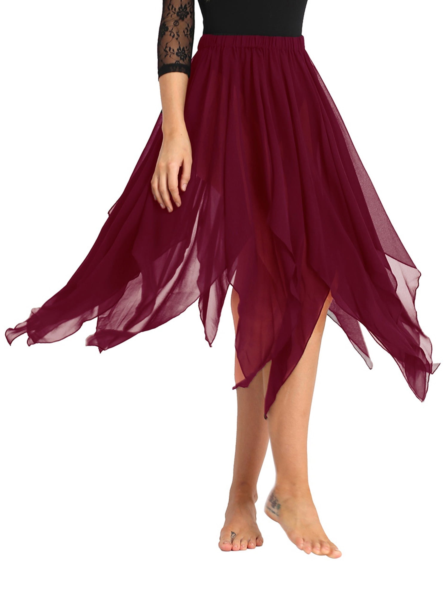 YEAHDOR Womens Chiffon Asymmetrical Long Dance Skirt Swing Belly Dance ...