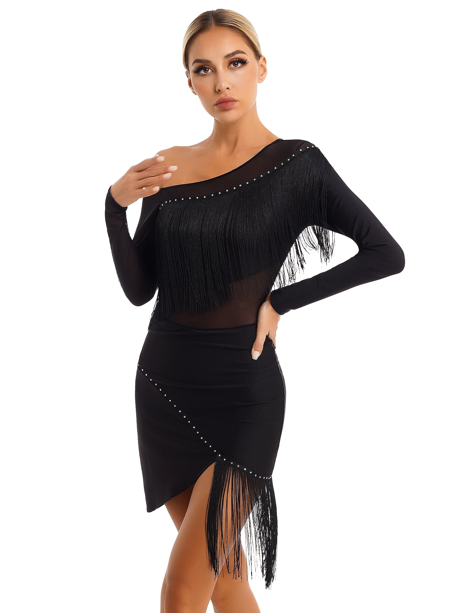 YEAHDOR Womens Latin Tango Dance Dress Cha-Cha Samba Fringed Dancewear ...