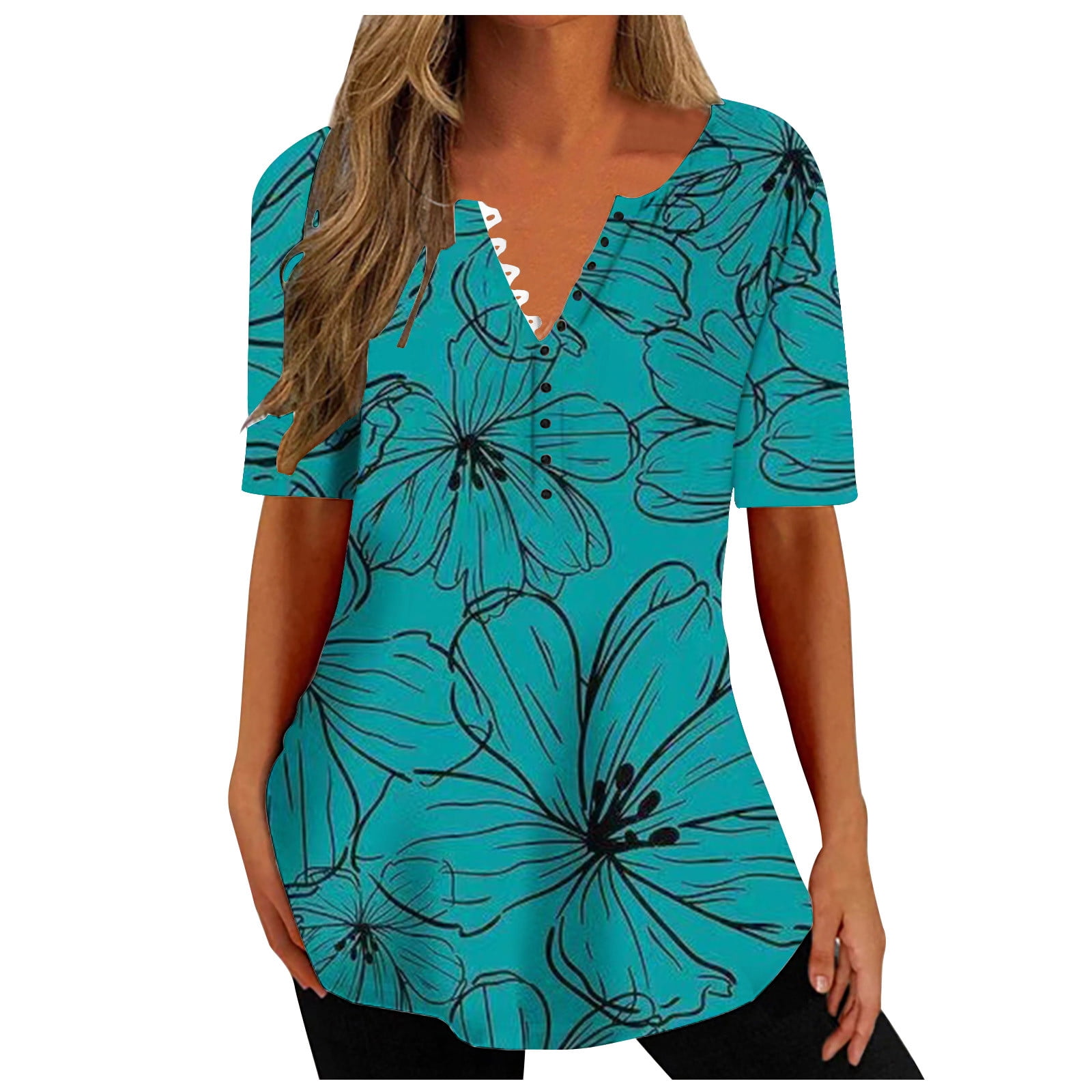 Yeahitch Womens Floral Printed Short Sleeve Henley T Shirt Pleated