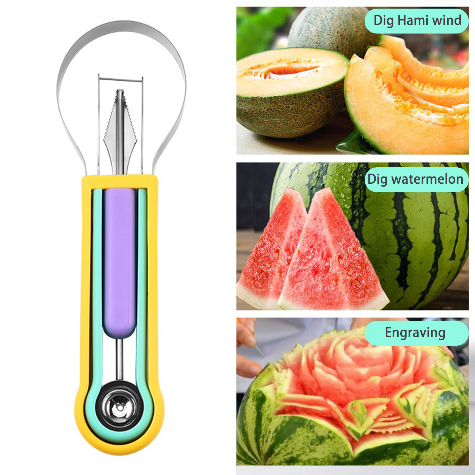 YEAUEME 3-In-1 Fruit Cutter Set,Stainless Steel Fruit Scoop Watermelon ...