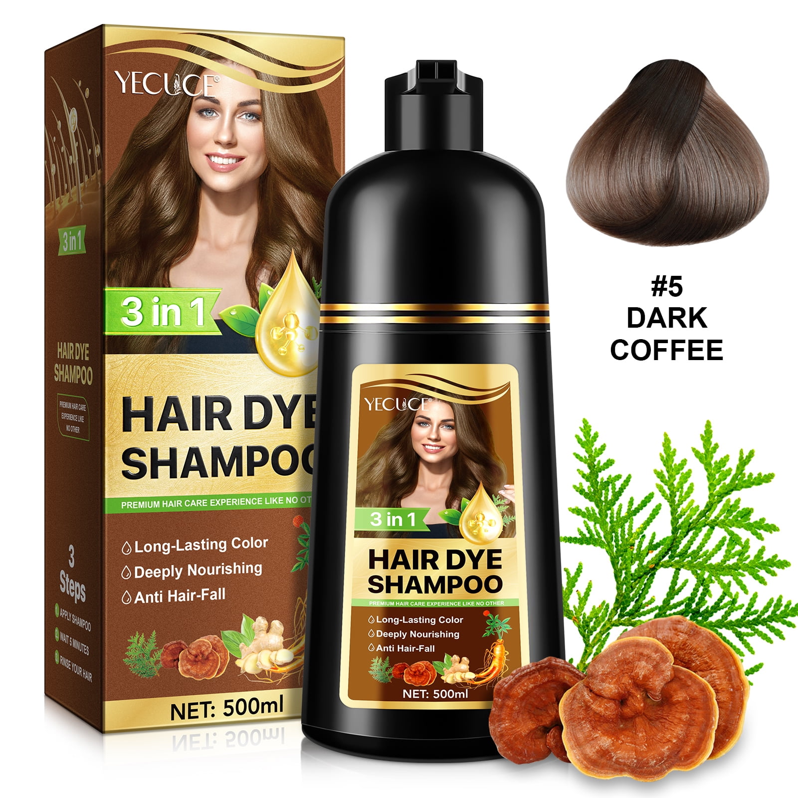 YECUCE Dark Coffee Hair Dye Shampoo 500ml for Gray Coverage and Natural ...