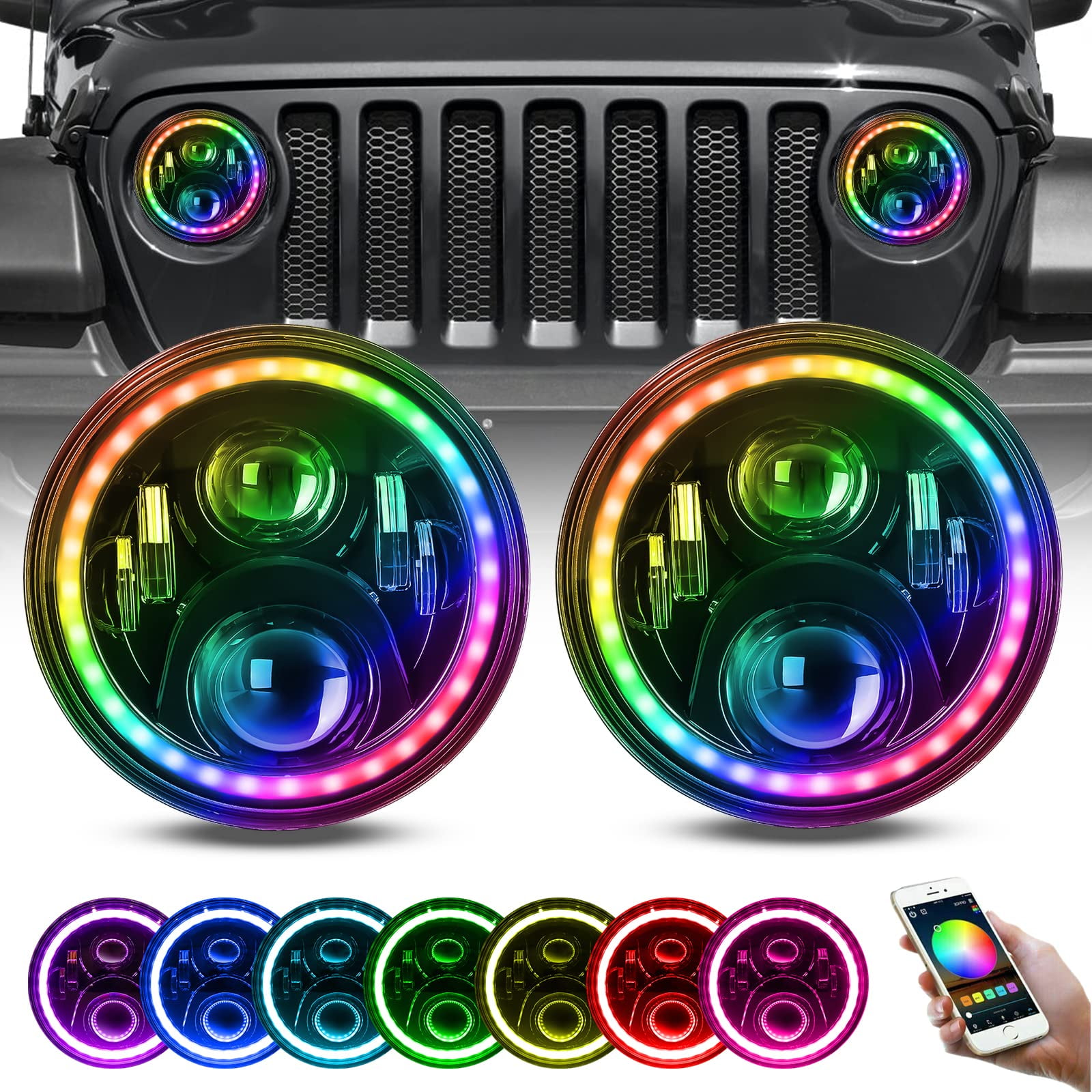 YEEGO DIRECT 7 Inch LED Headlight RGB Halo Amber Halo Ring Angel Eyes ...