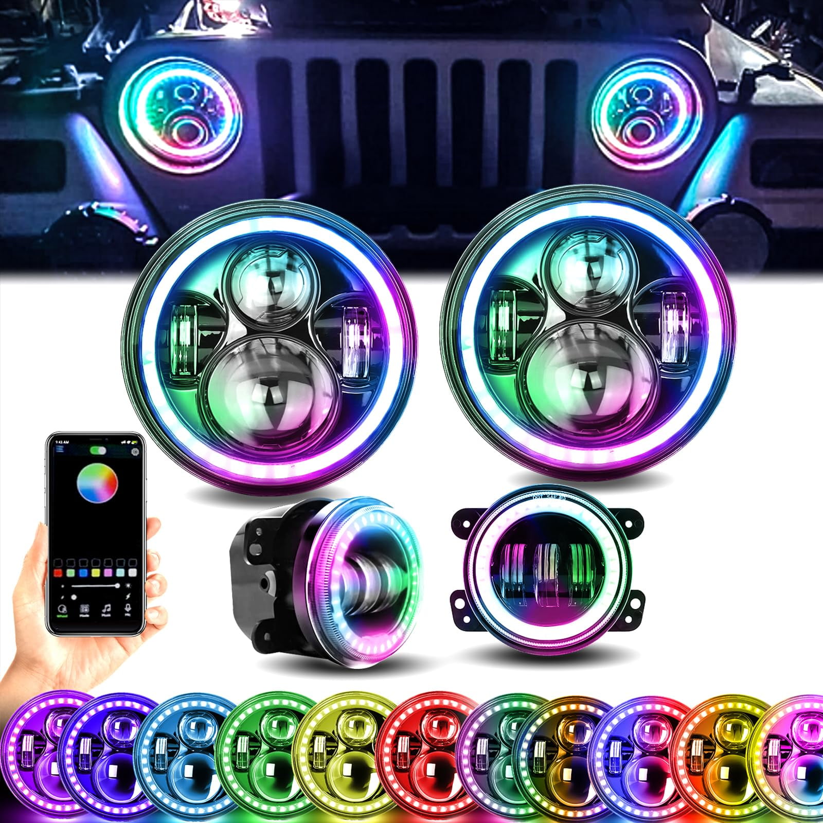 YEEGO DIRECT 7 Inch SSF20 LED Headlight RGB for Wrangler Headlights & 4 ...